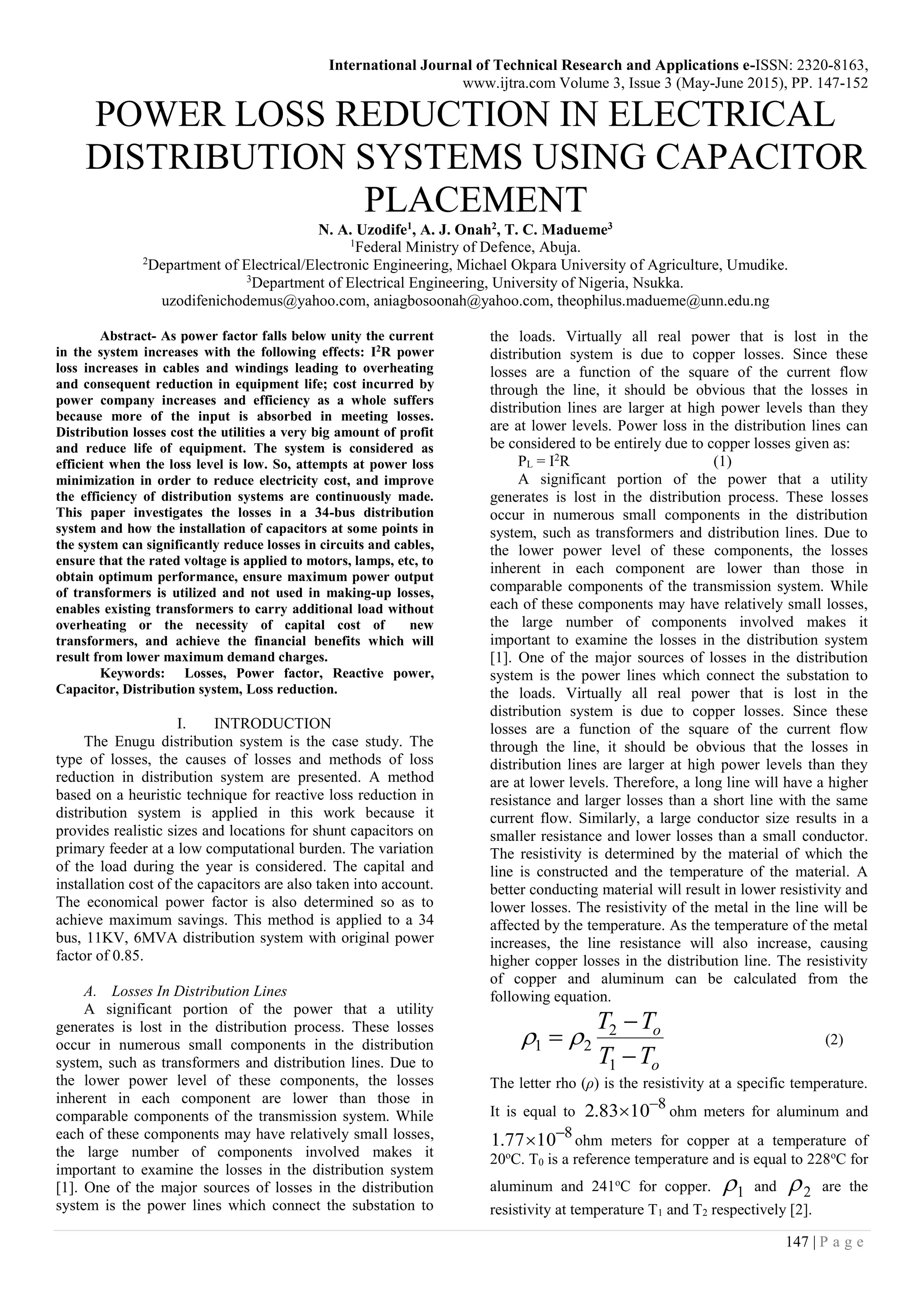 POWER LOSS REDUCTION IN ELECTRICAL DISTRIBUTION SYSTEMS USING CAPACITOR PLACEMENT | PDF | Gas ...