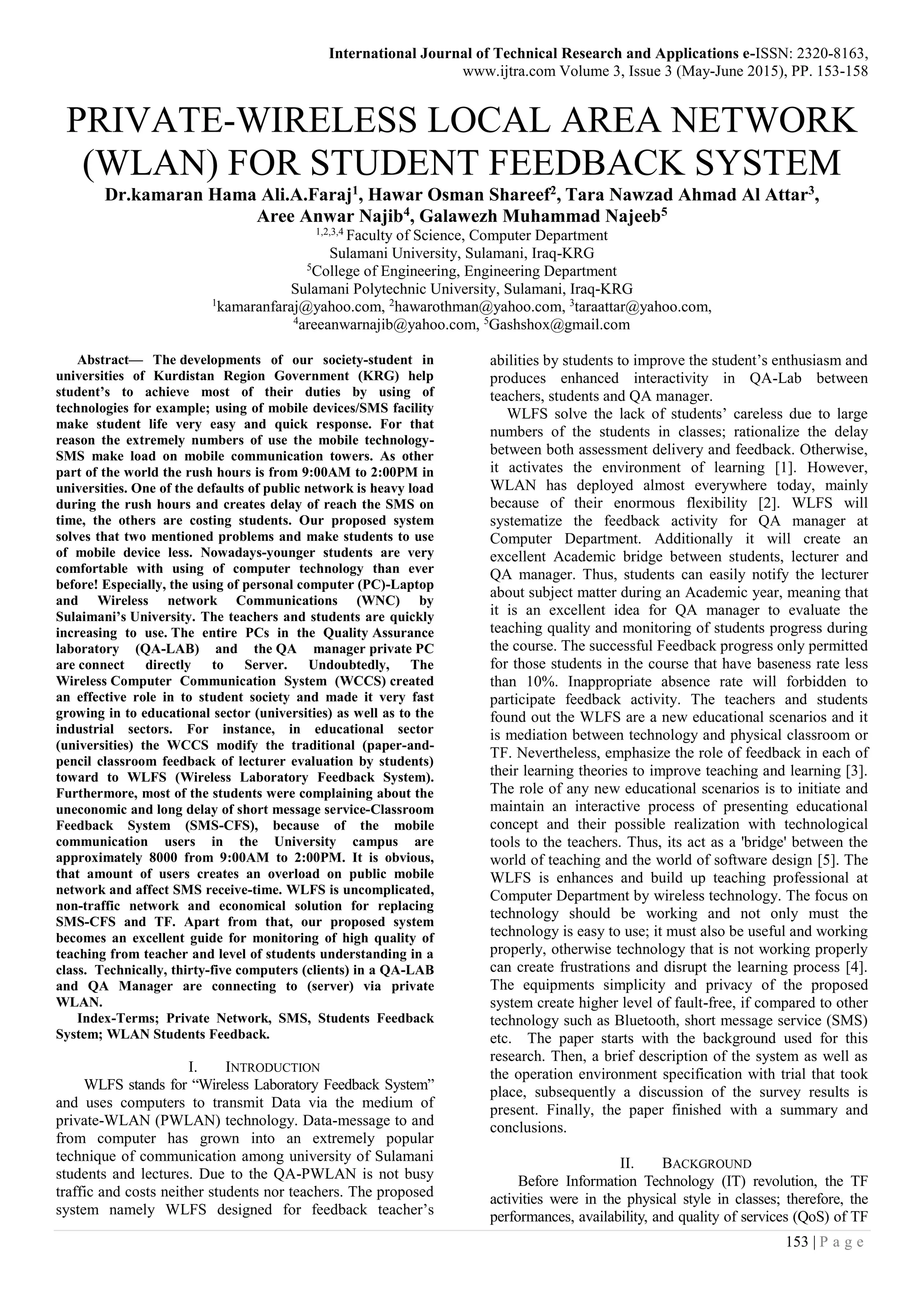 PRIVATE-WIRELESS LOCAL AREA NETWORK (WLAN) FOR STUDENT FEEDBACK SYSTEM | PDF