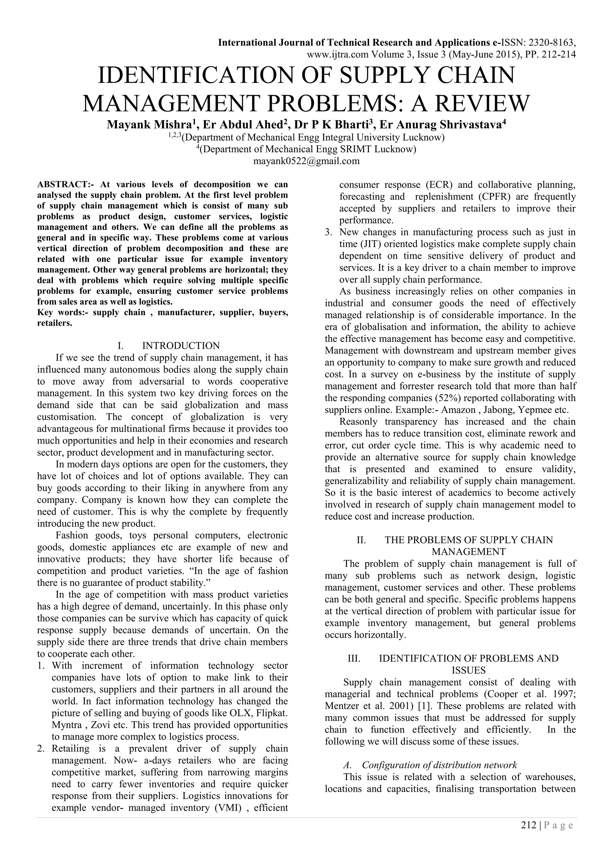 IDENTIFICATION OF SUPPLY CHAIN MANAGEMENT PROBLEMS: A REVIEW | PDF