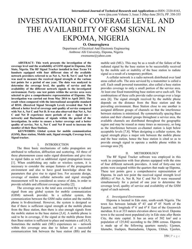INVESTIGATION OF COVERAGE LEVEL AND THE AVAILABILITY OF GSM SIGNAL IN ...