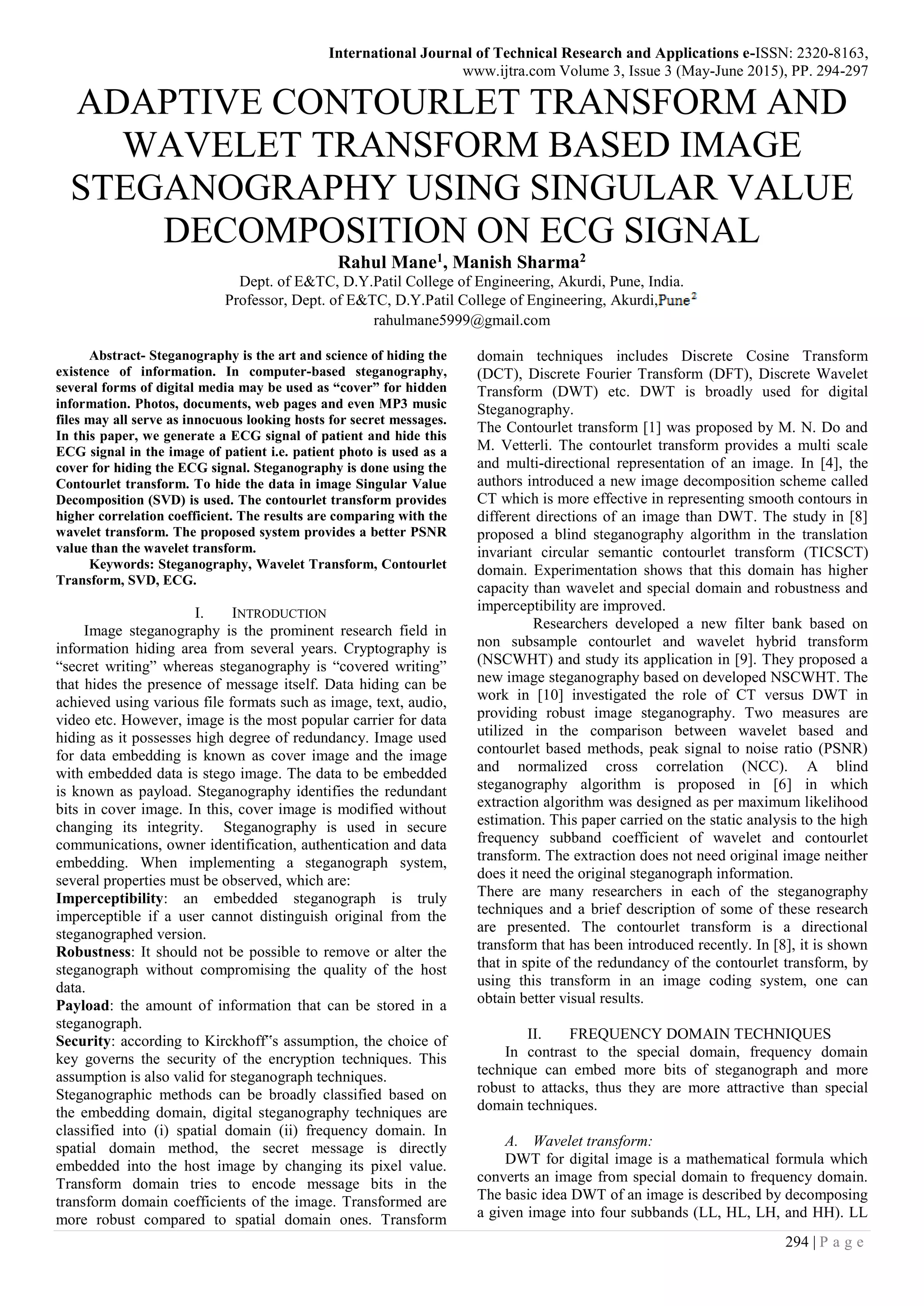 Adaptive Contourlet Transform And Wavelet Transform Based Image Steganography Using Singular