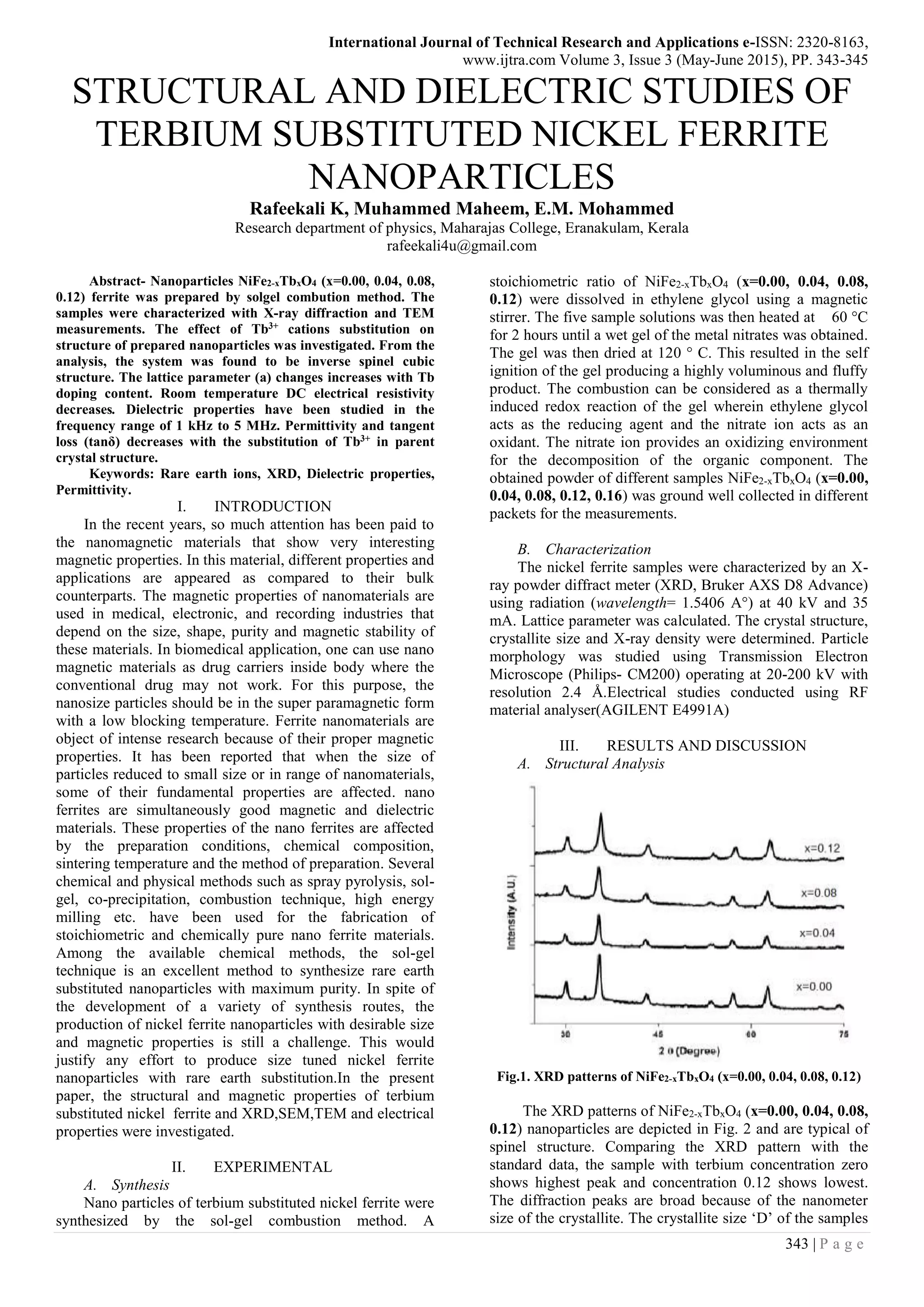 STRUCTURAL AND DIELECTRIC STUDIES OF TERBIUM SUBSTITUTED NICKEL FERRITE NANOPARTICLES | PDF