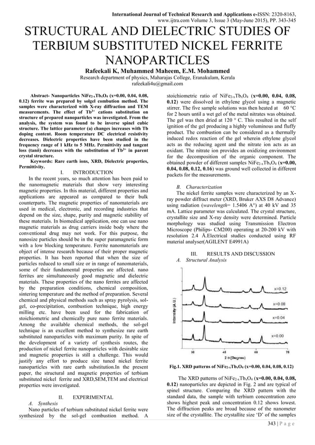 STRUCTURAL AND DIELECTRIC STUDIES OF TERBIUM SUBSTITUTED NICKEL FERRITE NANOPARTICLES | PDF