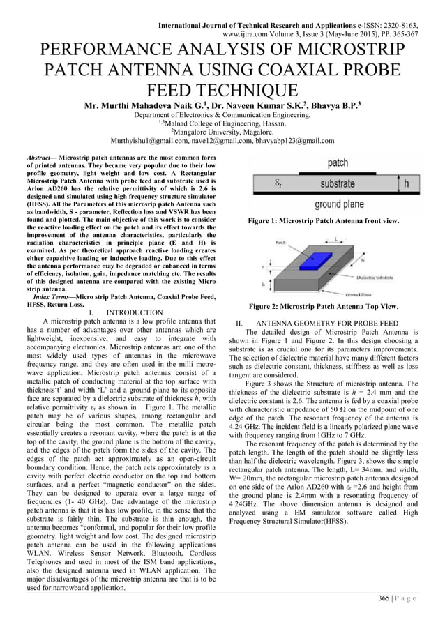 PERFORMANCE ANALYSIS OF MICROSTRIP PATCH ANTENNA USING COAXIAL PROBE FEED TECHNIQUE | PDF