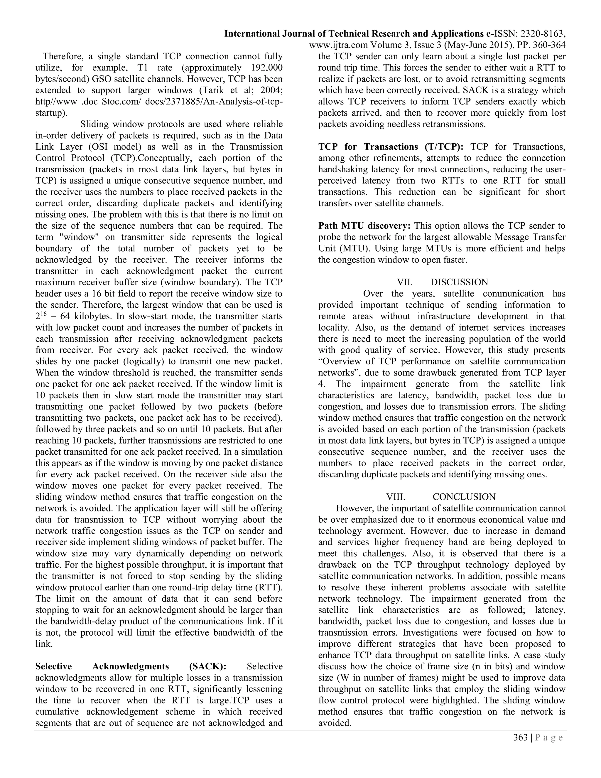 OVERVIEW OF TCP PERFORMANCE IN SATELLITE COMMUNICATION NETWORKS | PDF