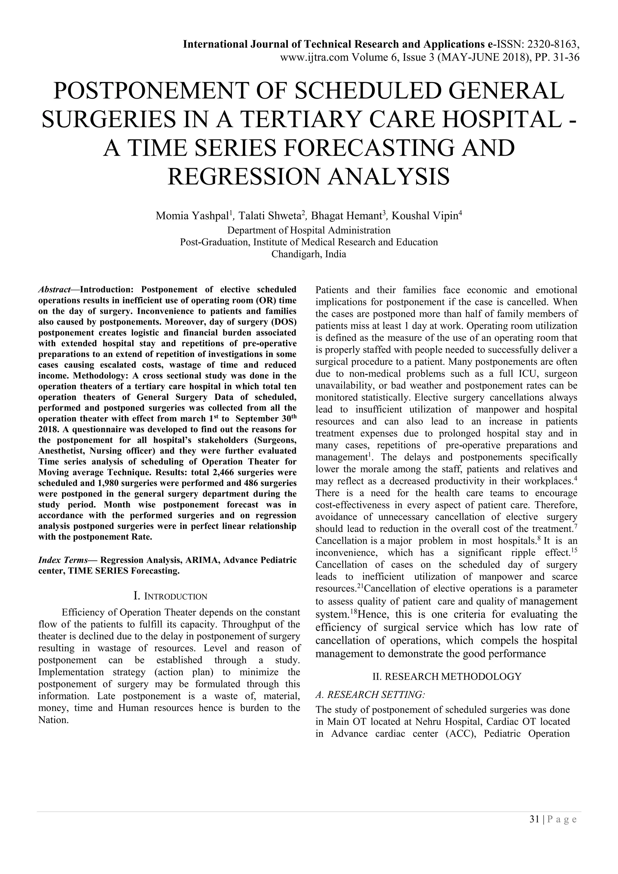 POSTPONEMENT OF SCHEDULED GENERAL SURGERIES IN A TERTIARY CARE HOSPITAL ...