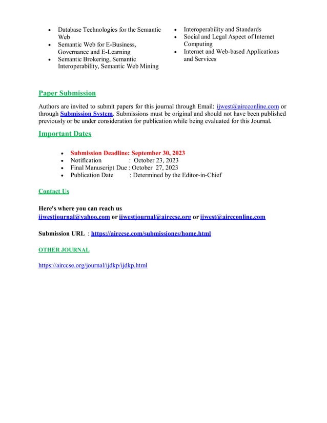 ARTICLE SUBMISSIONS START NOW....! International Journal of Web & Semantic Technology (IJWesT ...