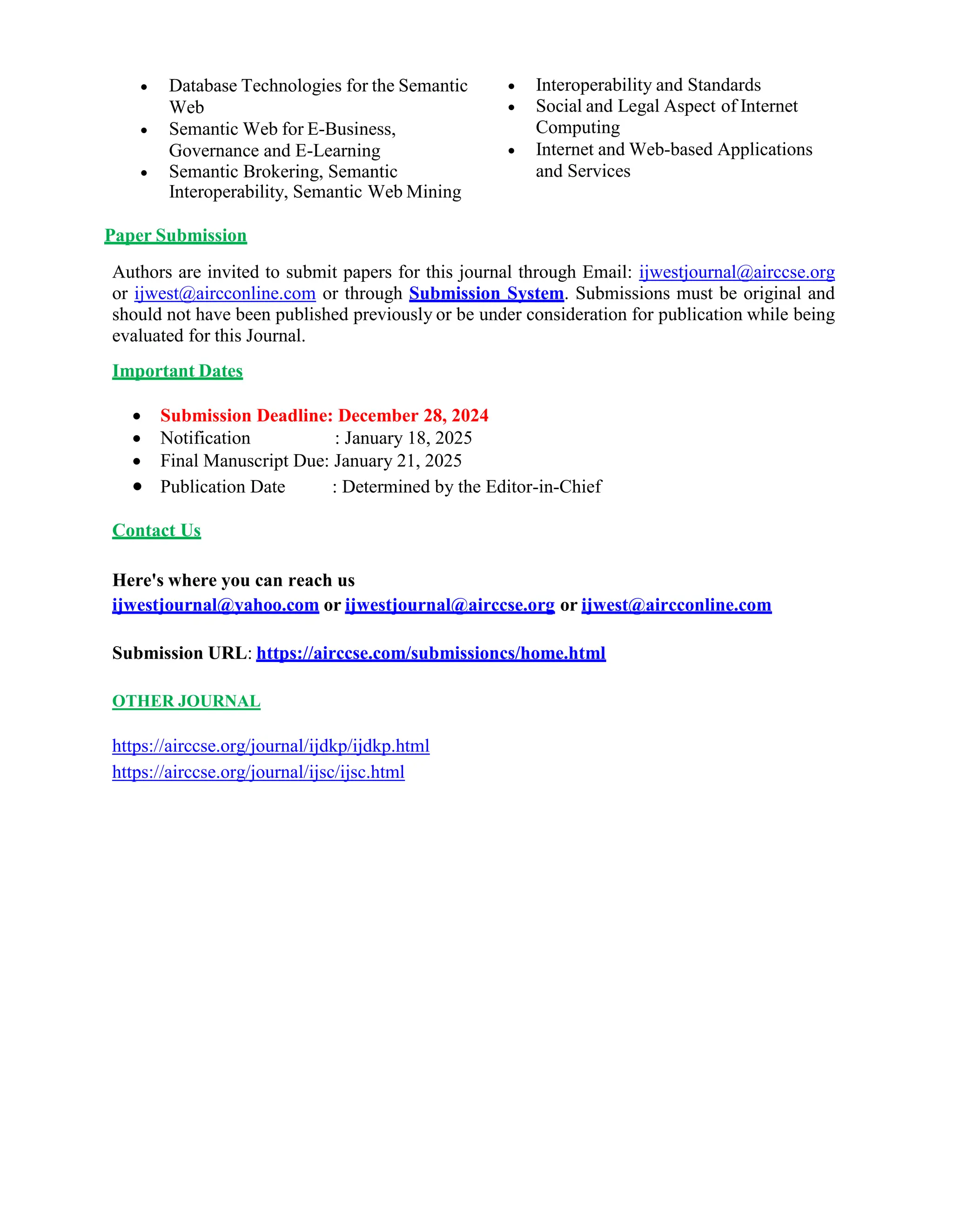 Call for Papers - International Journal of Web & Semantic Technology (IJWesT) | PDF