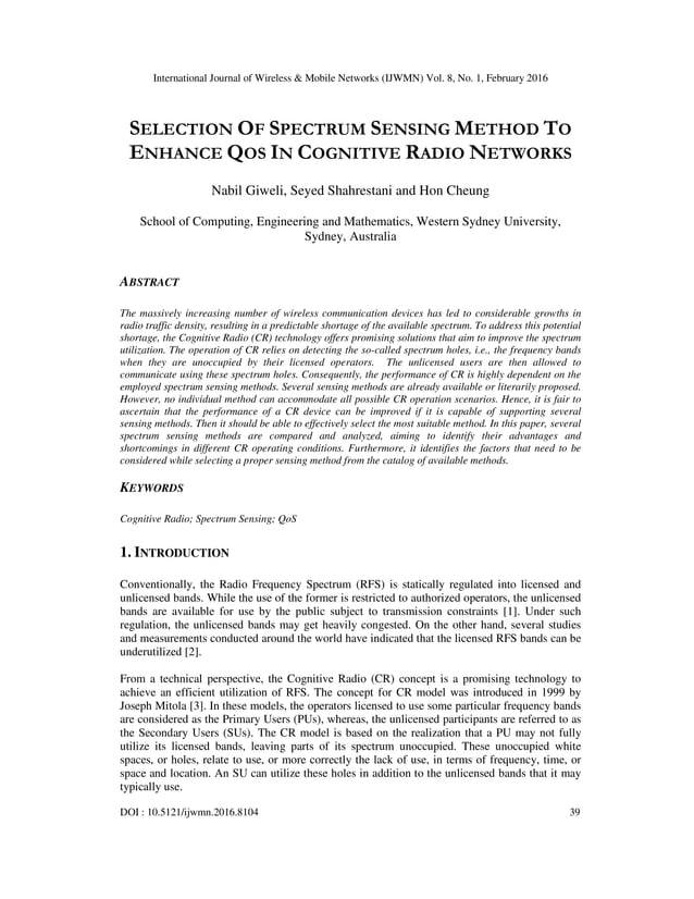 Selection Of Spectrum Sensing Method To Enhance Qos In Cognitive Radio Networks Pdf