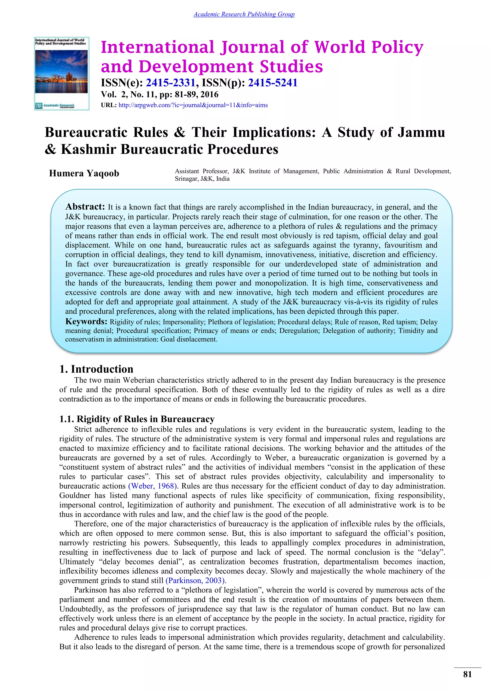 Bureaucratic Rules & Their Implications: A Study of Jammu & Kashmir ...