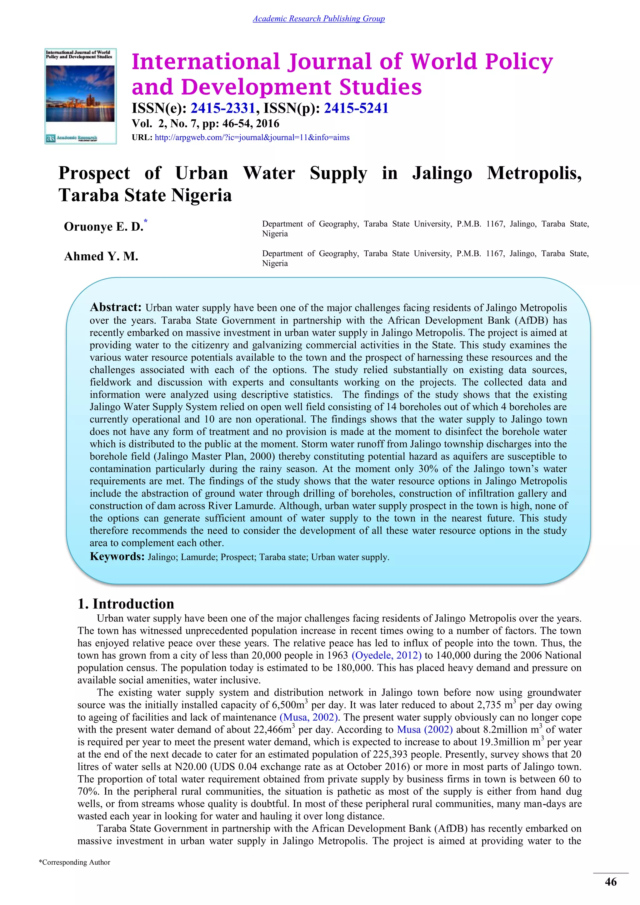 Prospect of Urban Water Supply in Jalingo Metropolis, Taraba State ...