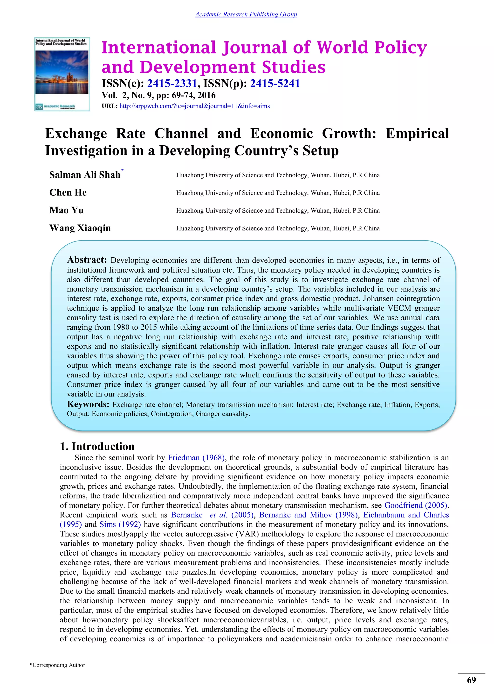 Exchange Rate Channel and Economic Growth: Empirical Investigation in a ...