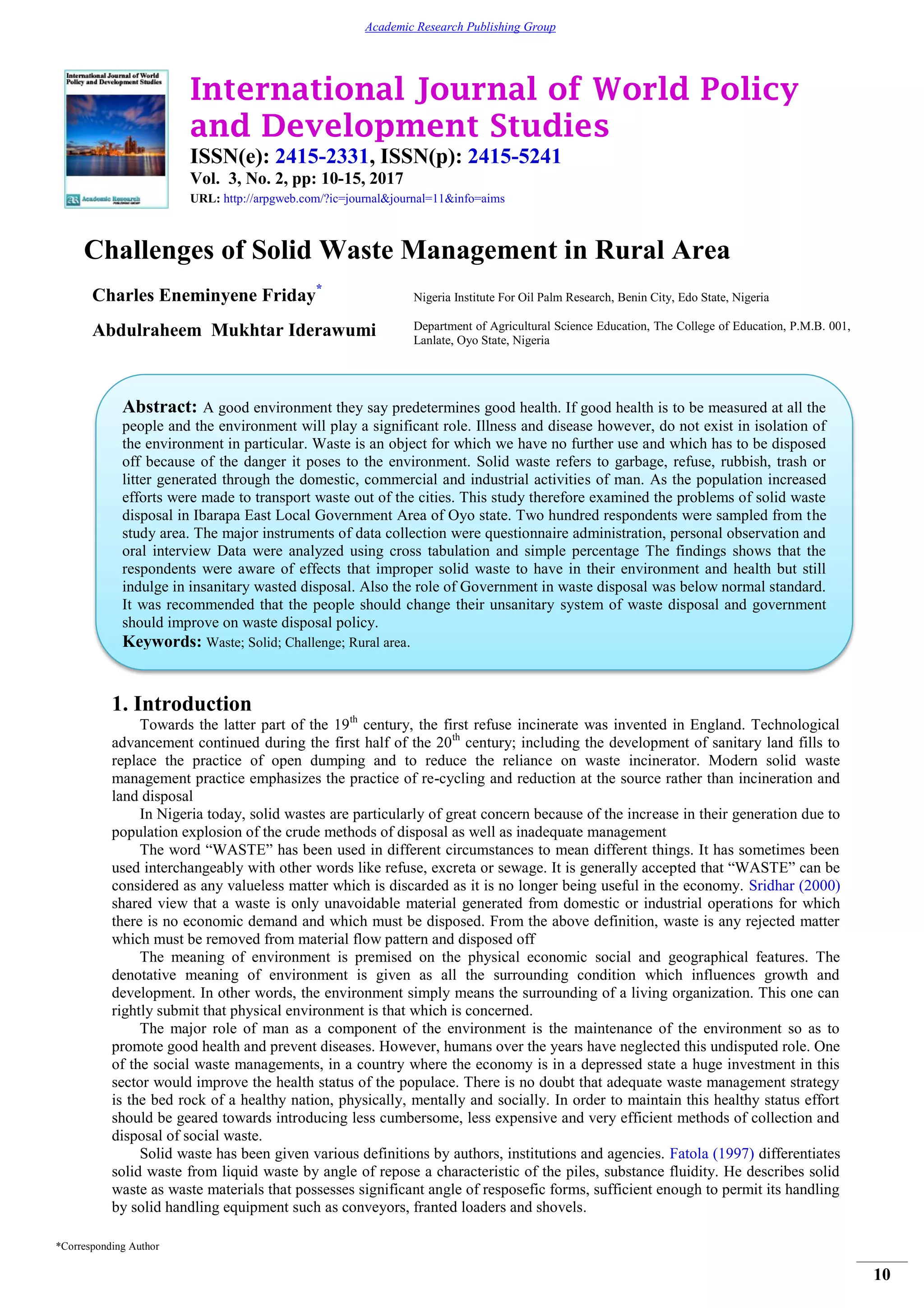 Challenges of Solid Waste Management in Rural Area | PDF