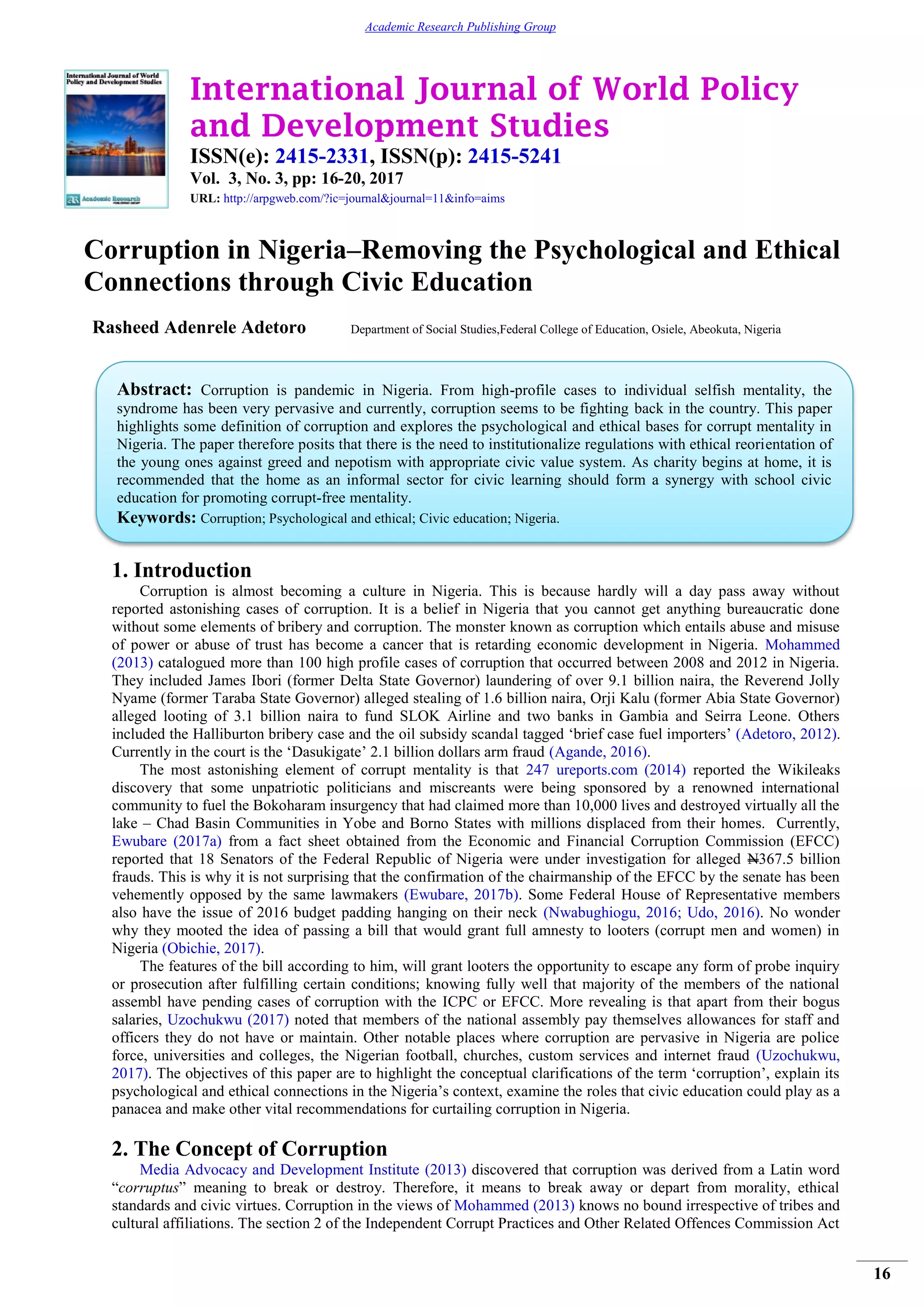 Corruption in Nigeria?Removing the Psychological and Ethical Connections through Civic Education ...