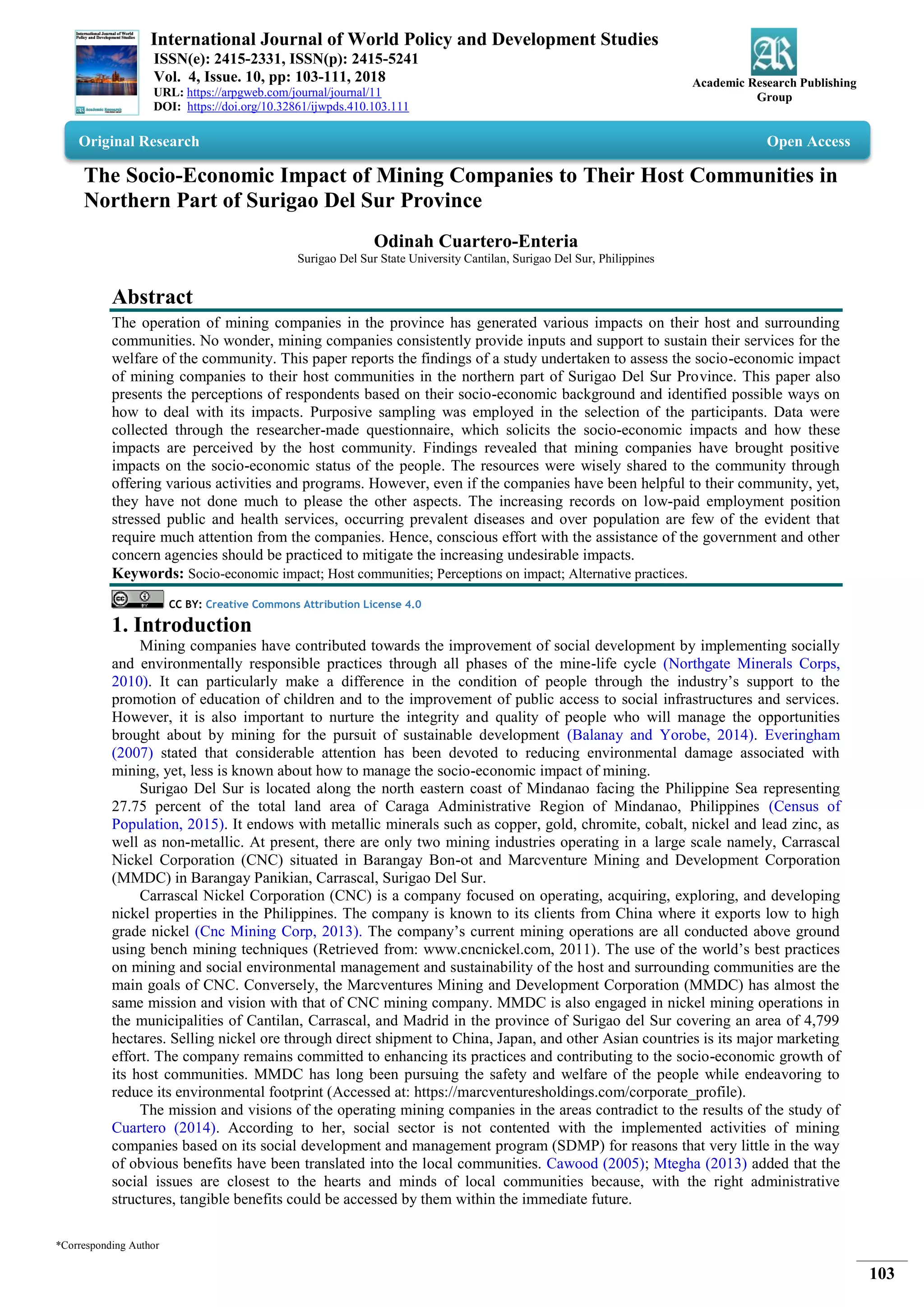 The Socio-Economic Impact of Mining Companies to Their Host Communities ...