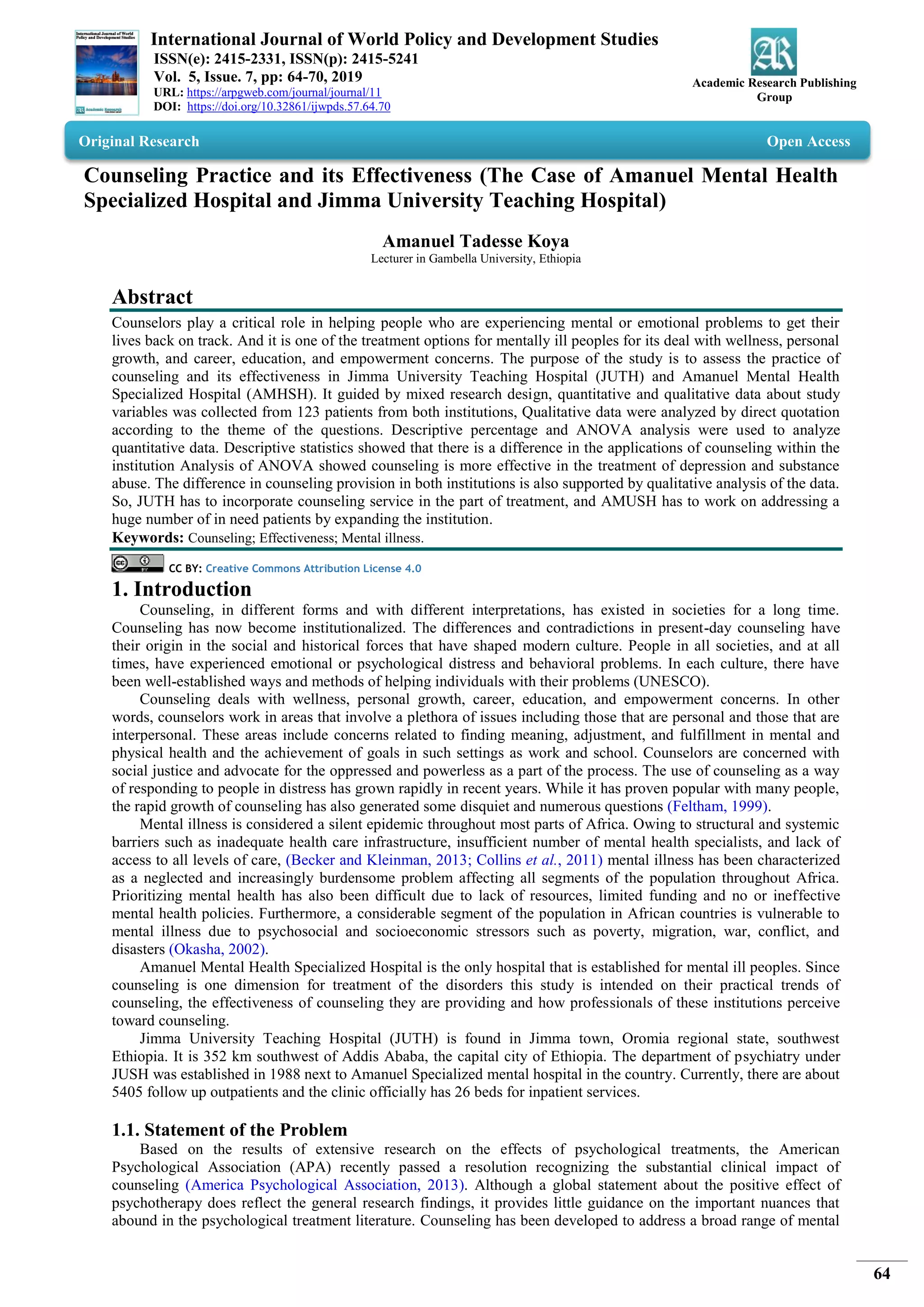 Counseling Practice and its Effectiveness (The Case of Amanuel Mental ...