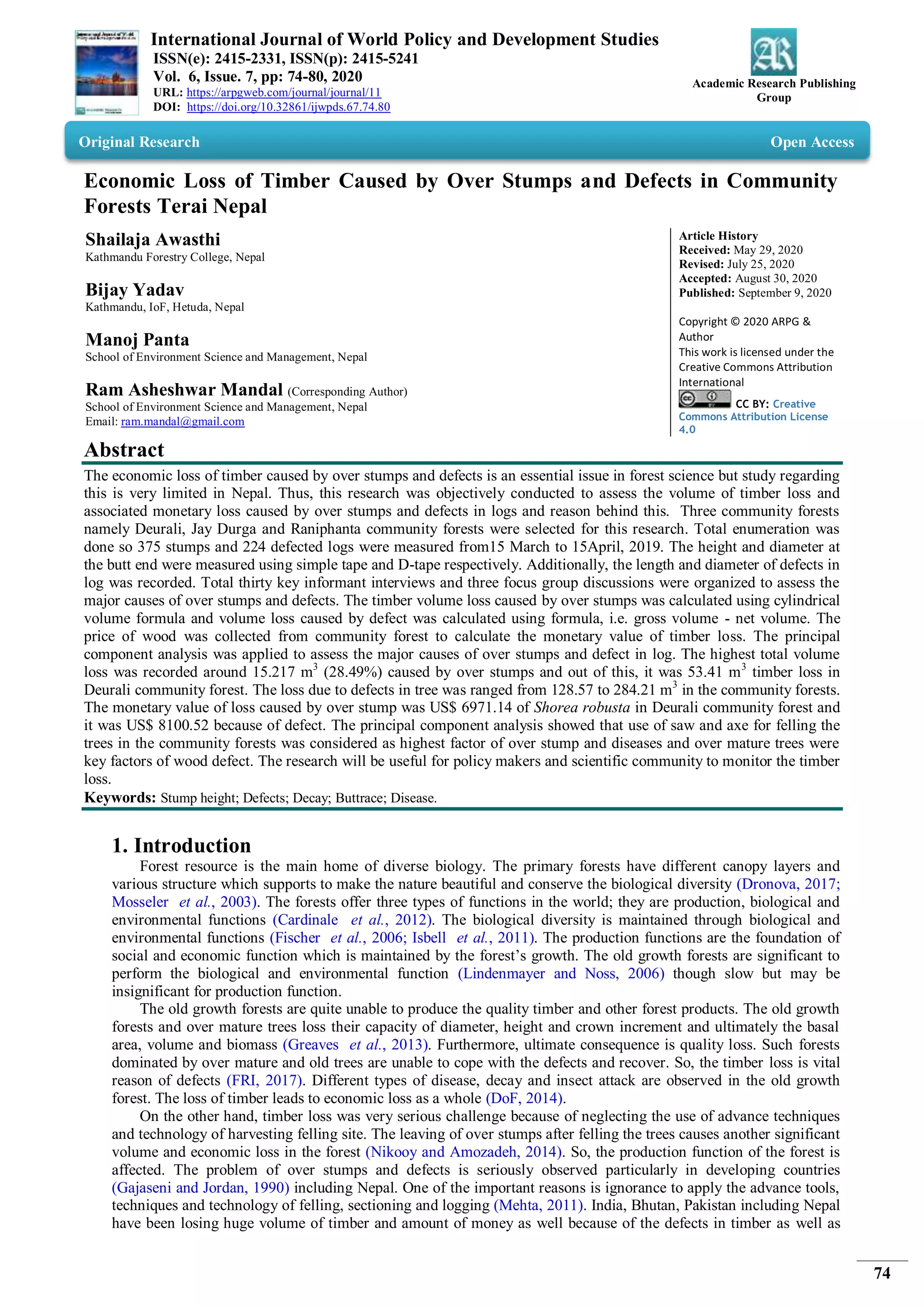 Economic Loss of Timber Caused by Over Stumps and Defects in Community ...