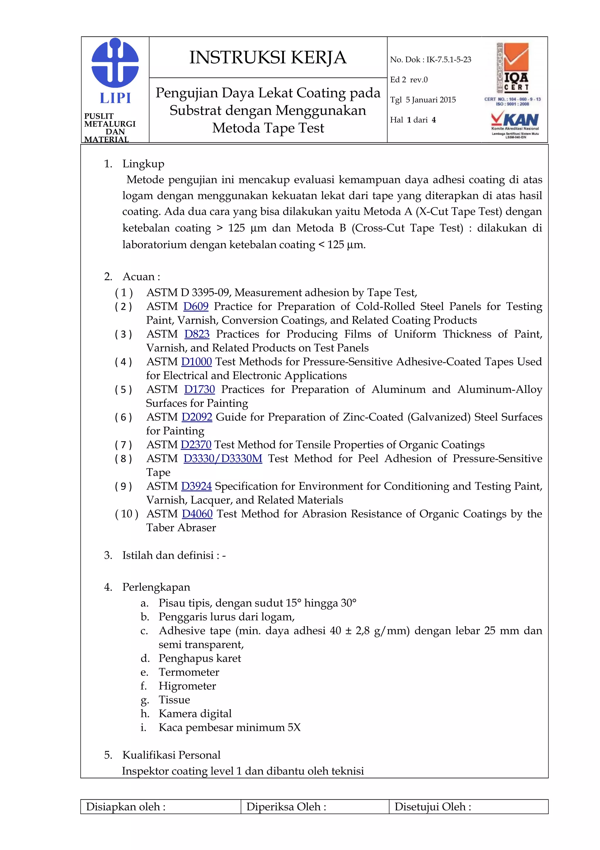 Ik-7.5.1-5-23 uji daya lekat coating menggunakan metoda tape test (5) | DOC