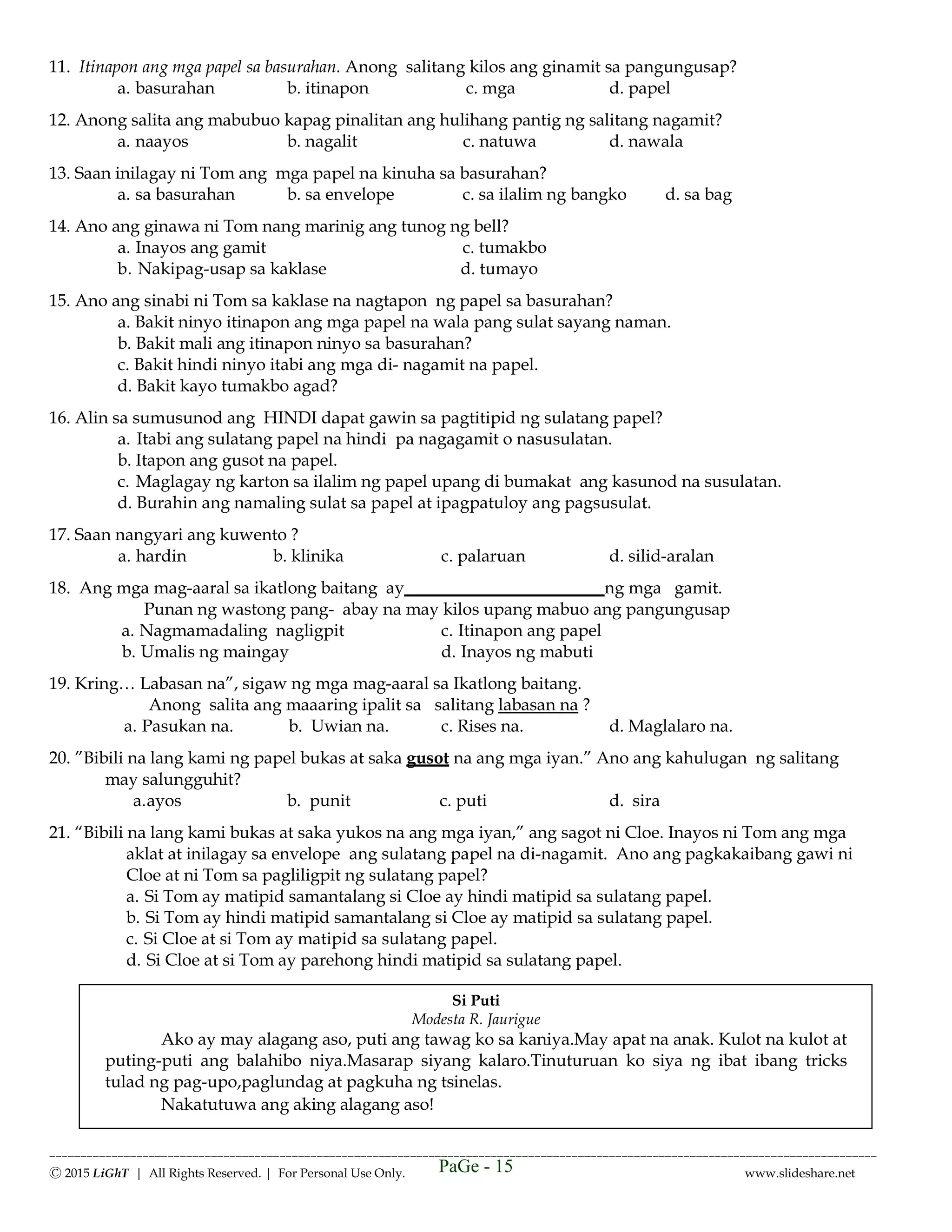 K TO 12 GRADE 3 IKA-APAT na Markahang Pagsusulit | PDF