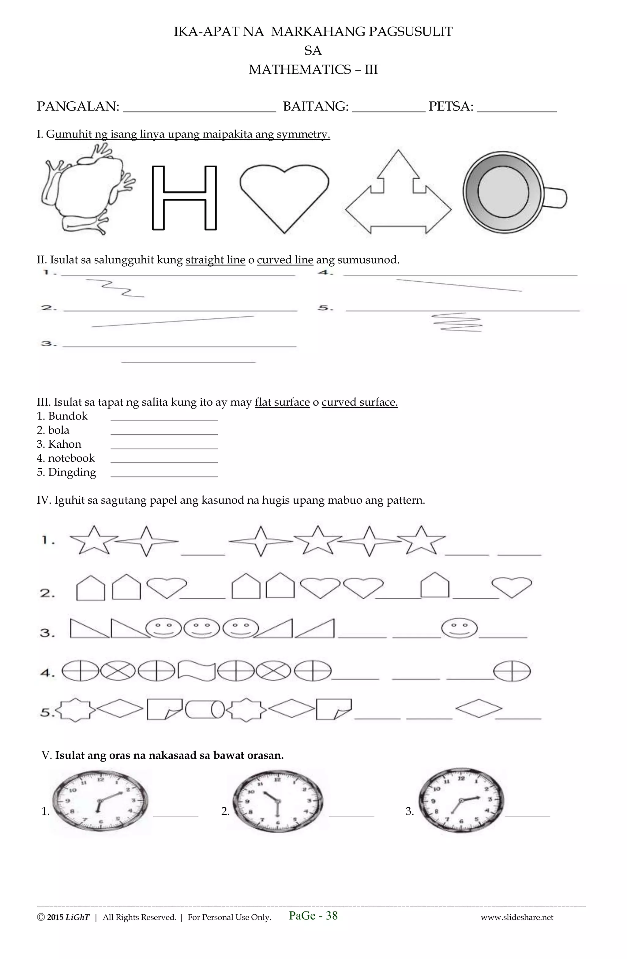 K TO 12 GRADE 3 IKA-APAT na Markahang Pagsusulit | PDF