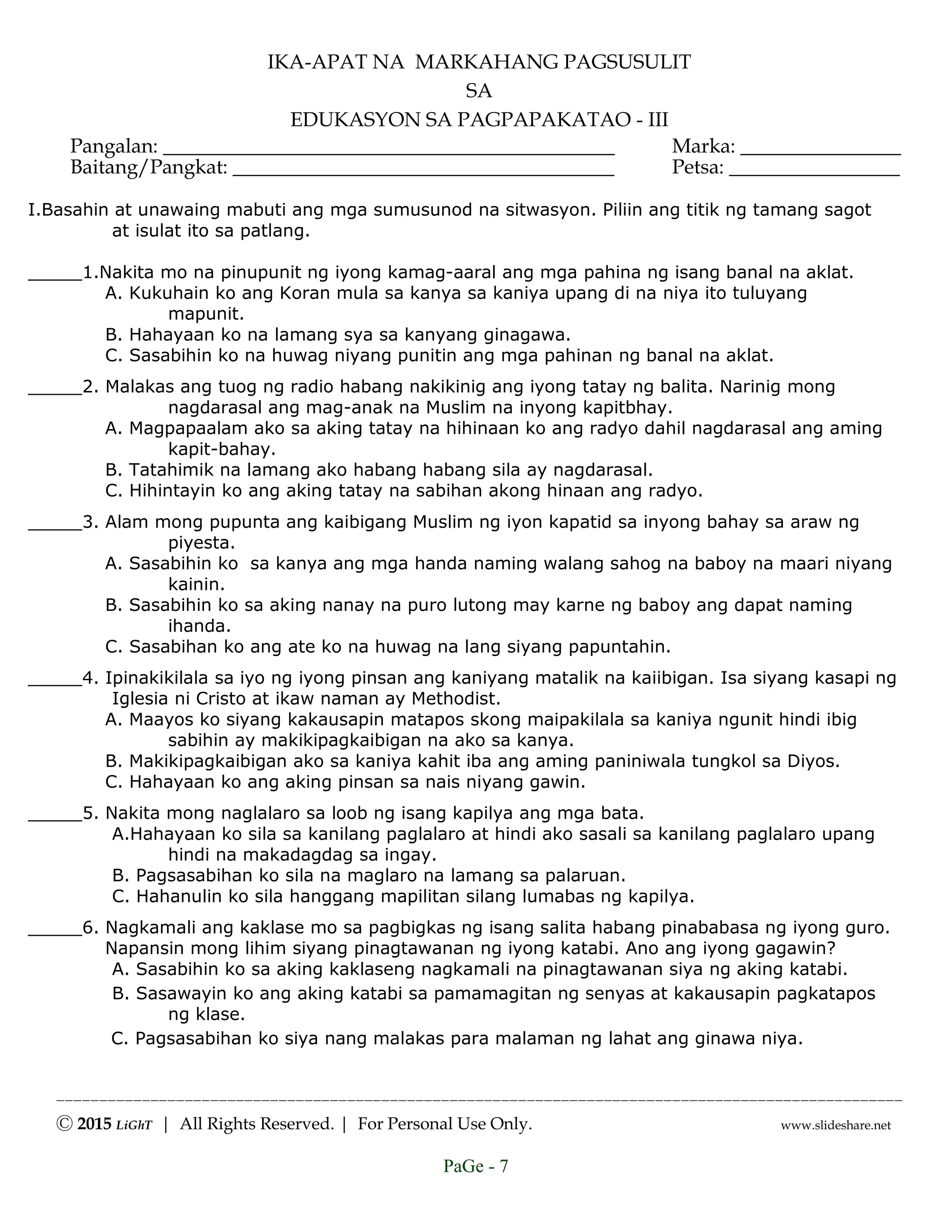 K TO 12 GRADE 3 IKA-APAT na Markahang Pagsusulit | PDF