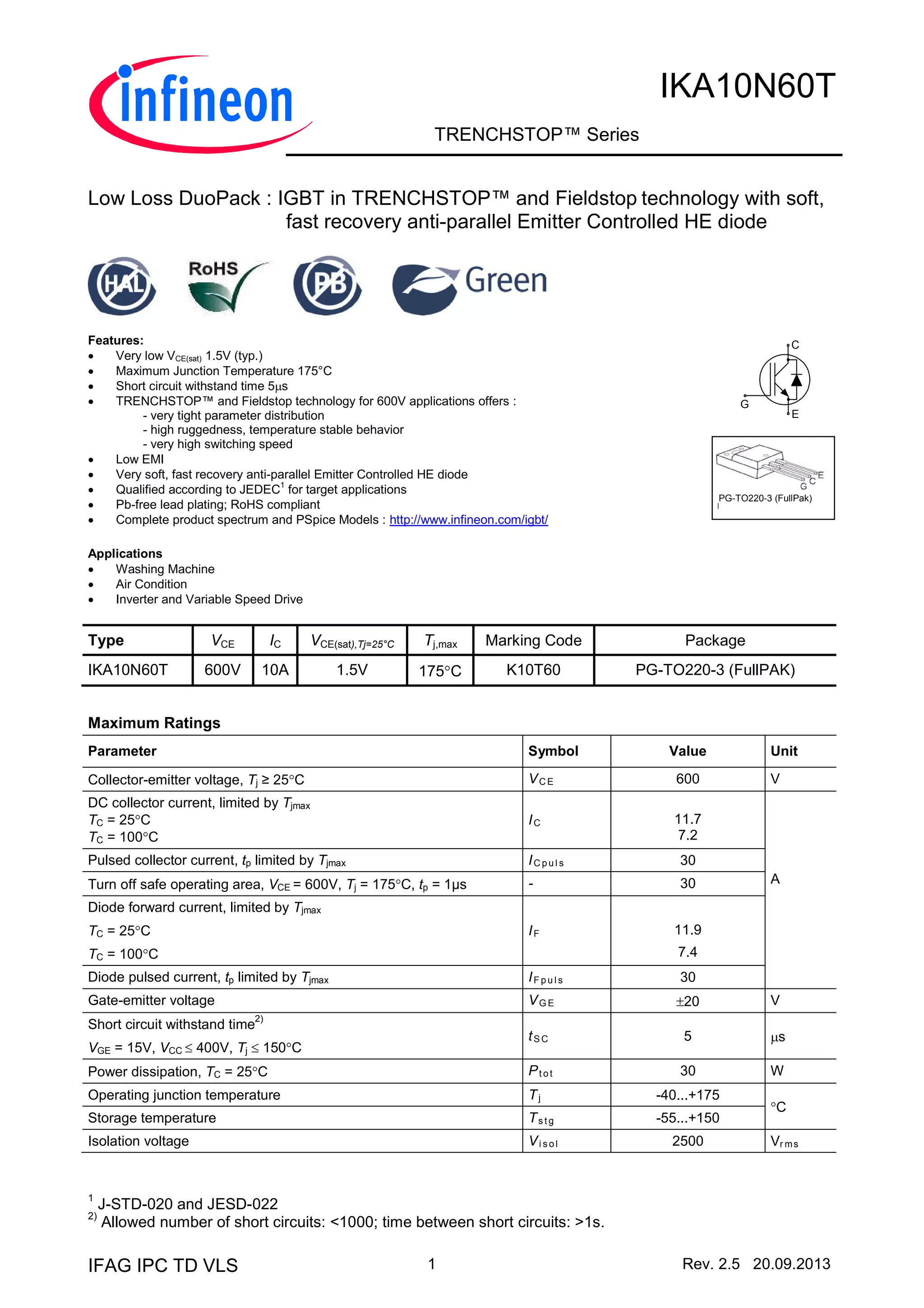 Original IGBT IKA10N60T K10T60 10T60 600V 10A TO-220 New Infineon | PDF