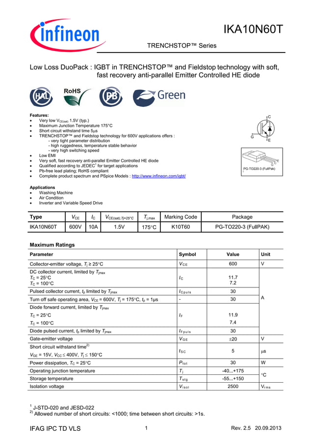 Original IGBT IKA10N60T K10T60 10T60 600V 10A TO-220 New Infineon | PDF ...