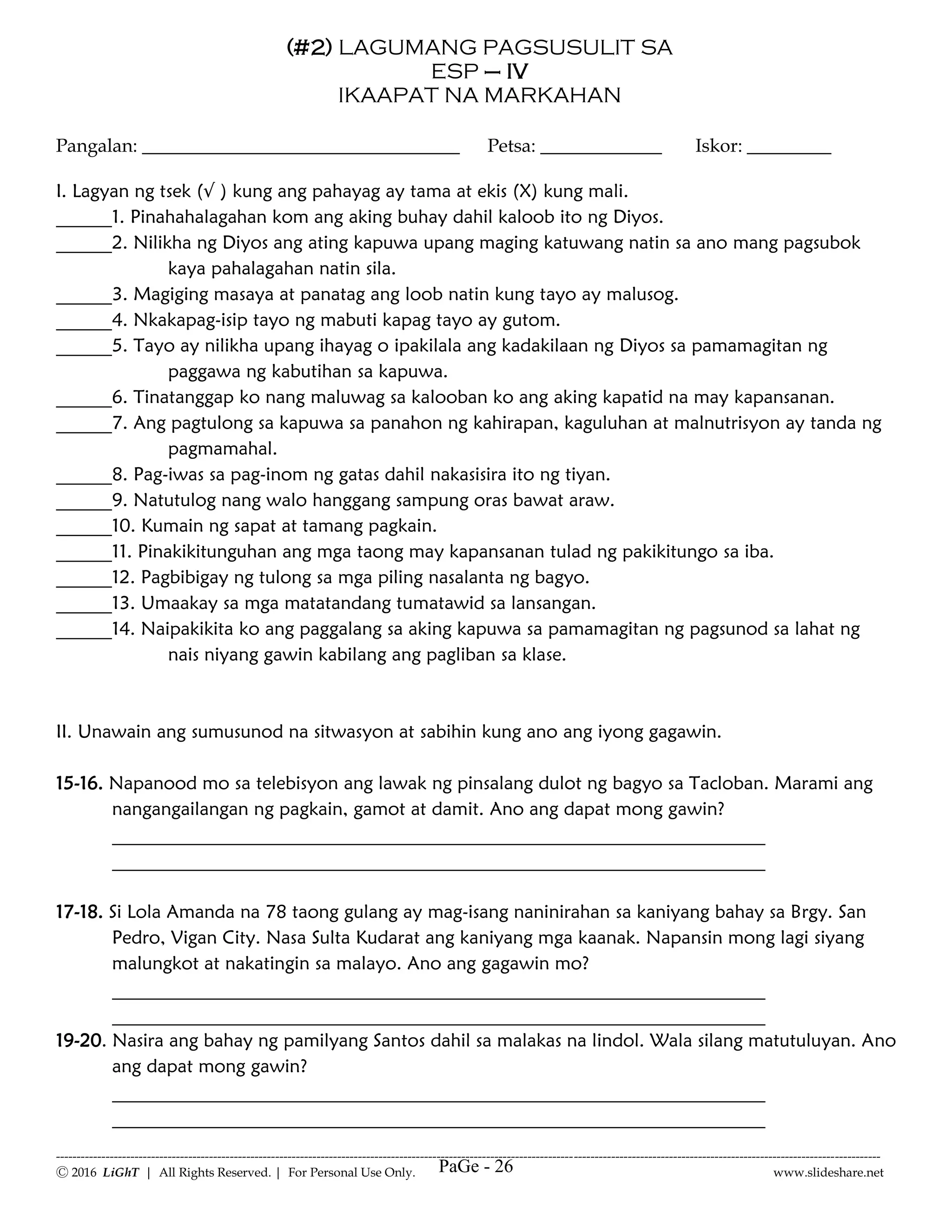 K TO 12 GRADE 4 IKAAPAT NA LAGUMANG PAGSUSULIT | PDF
