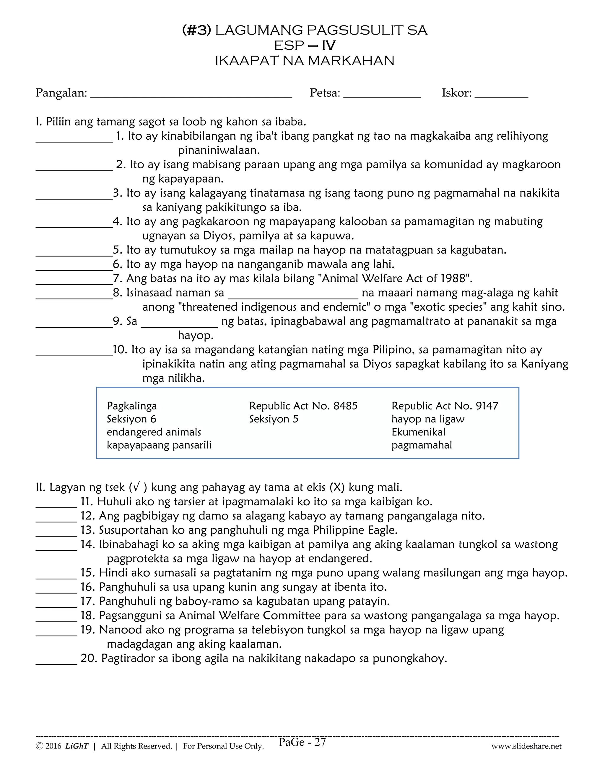 K TO 12 GRADE 4 IKAAPAT NA LAGUMANG PAGSUSULIT | PDF