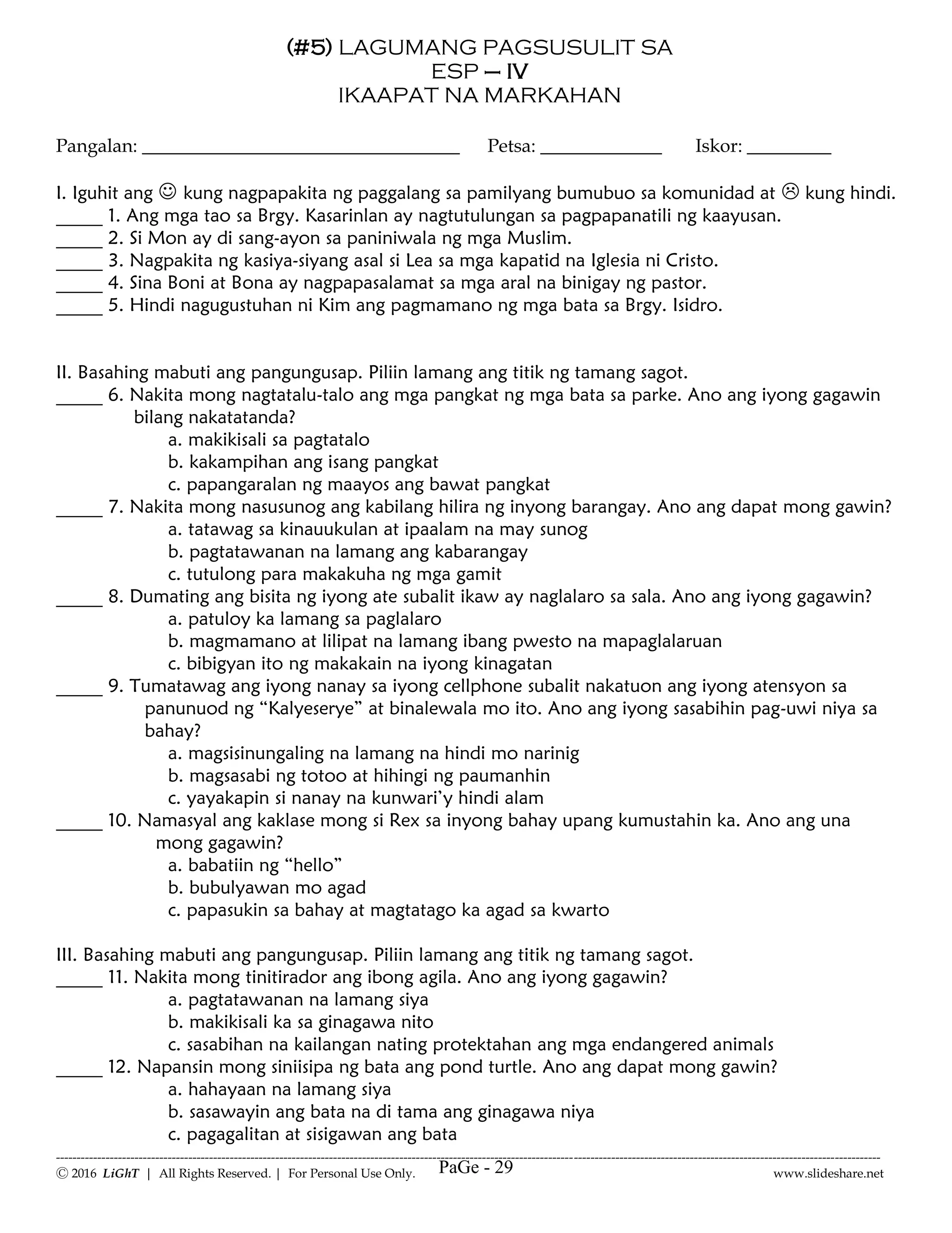 K TO 12 GRADE 4 IKAAPAT NA LAGUMANG PAGSUSULIT | PDF