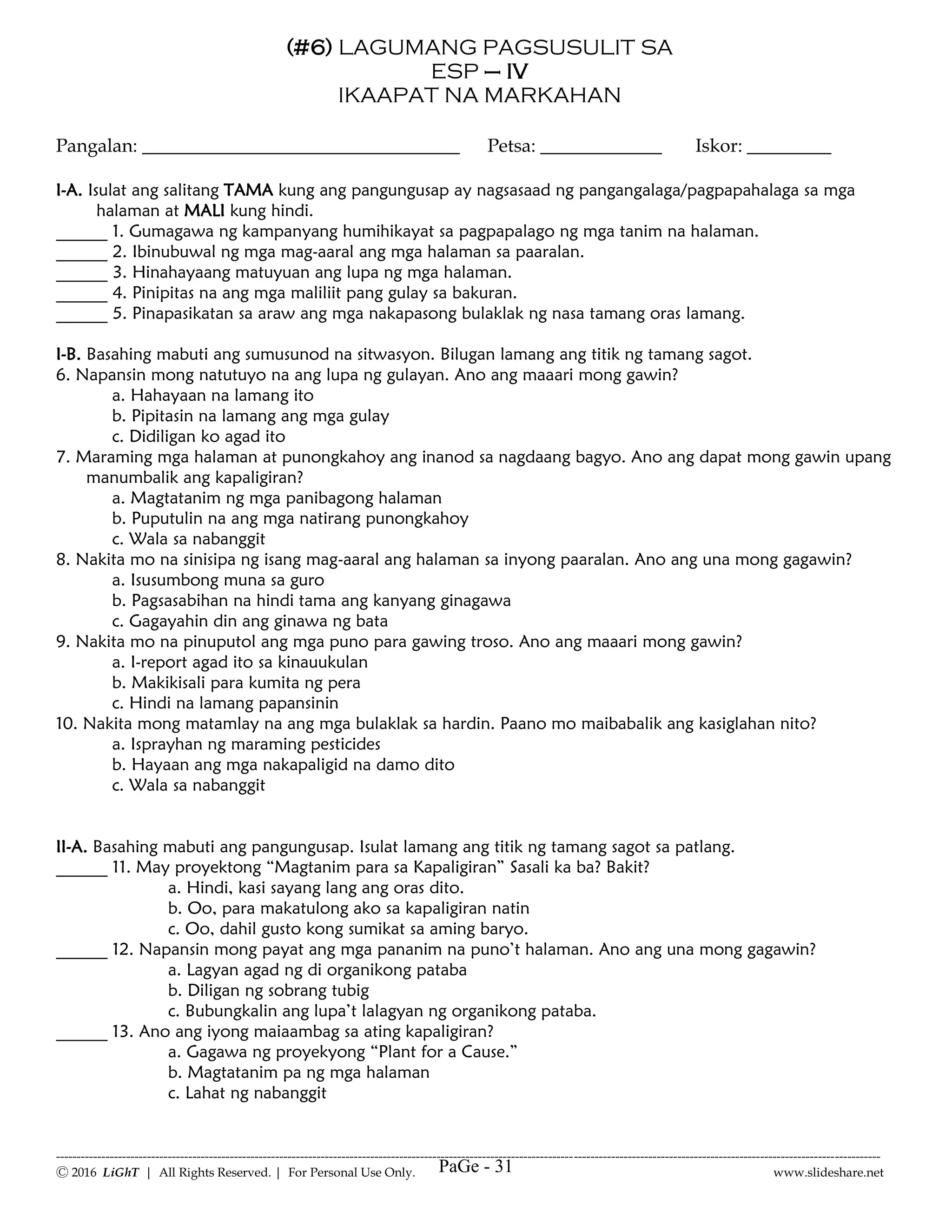 K TO 12 GRADE 4 IKAAPAT NA LAGUMANG PAGSUSULIT | PDF