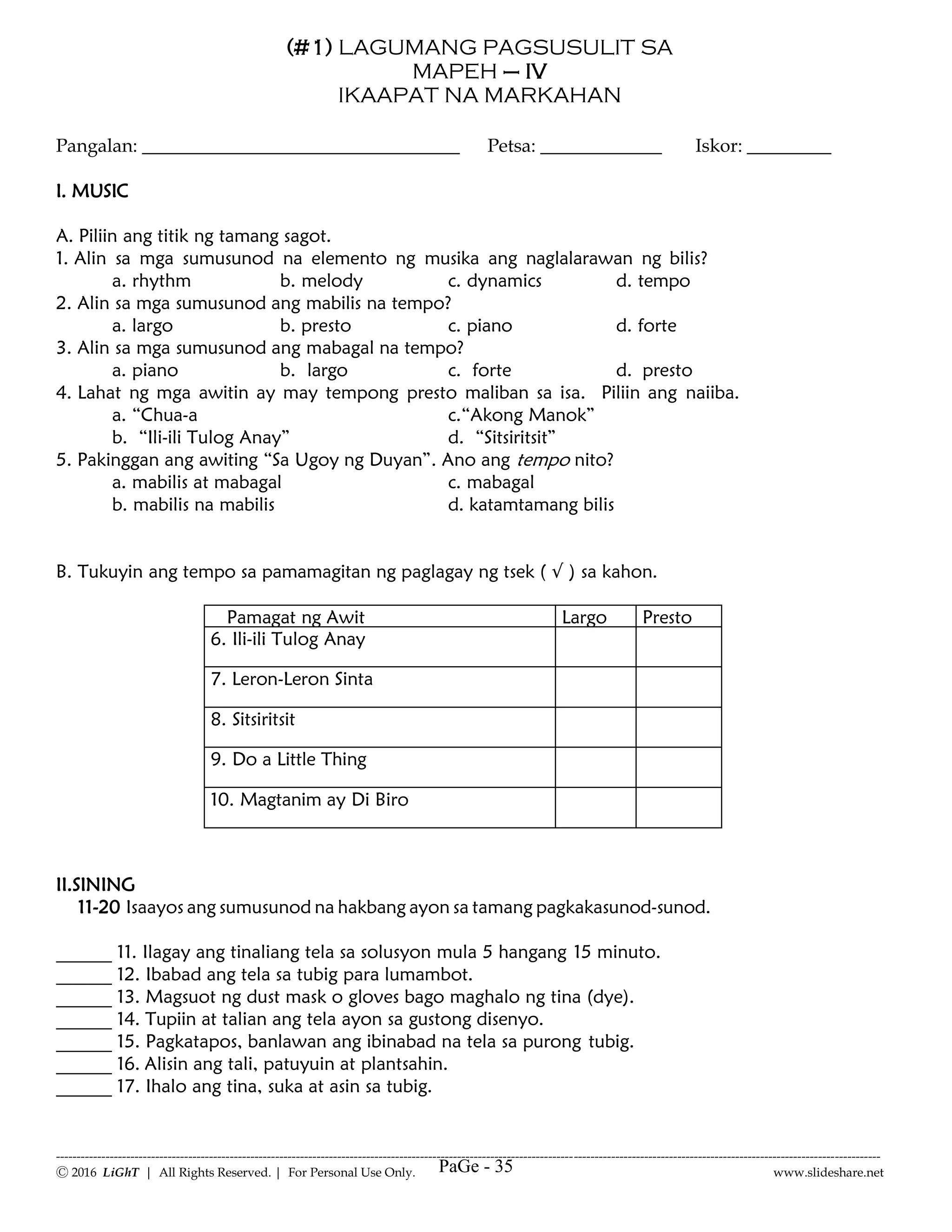 K TO 12 GRADE 4 IKAAPAT NA LAGUMANG PAGSUSULIT | PDF