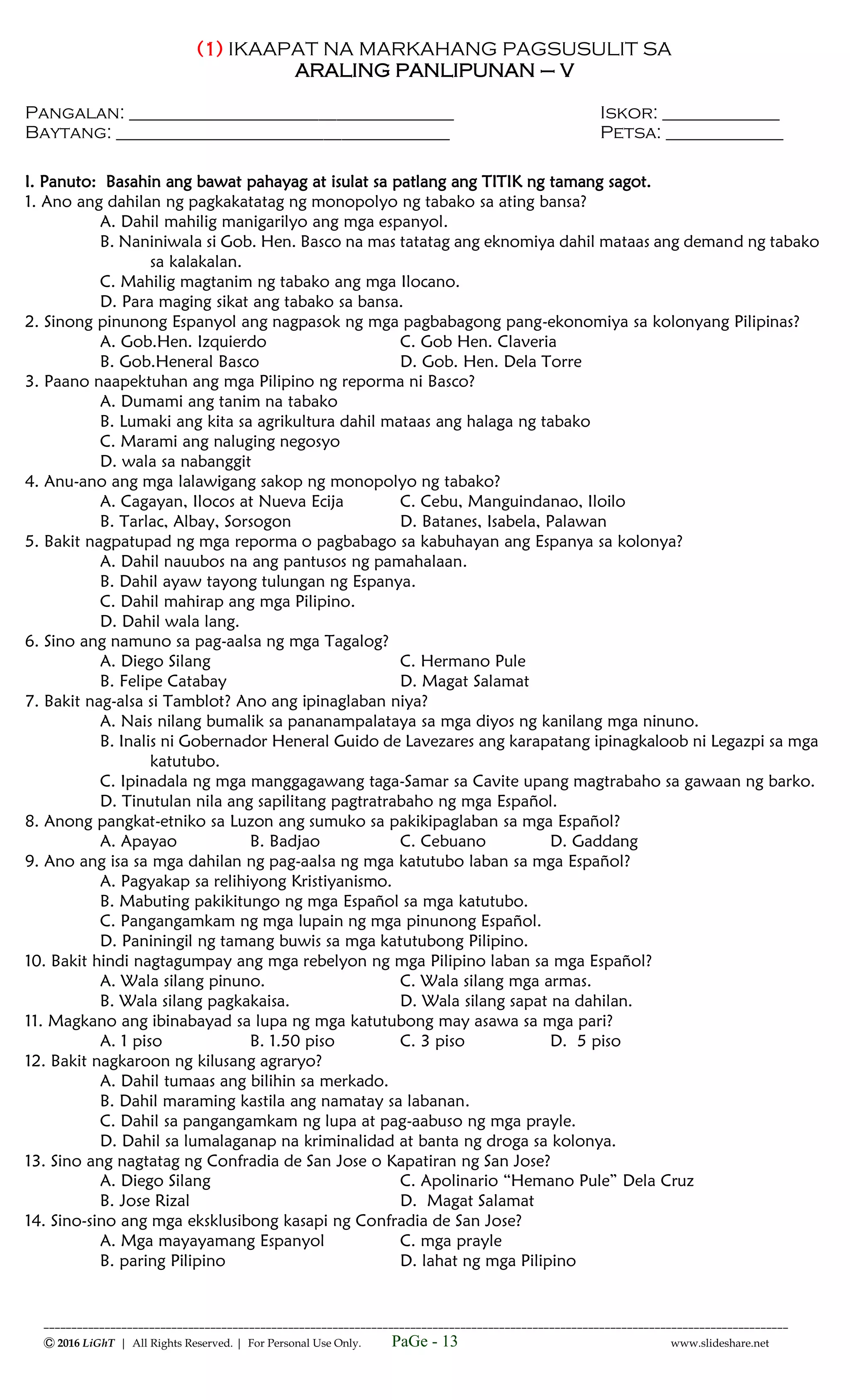 K TO 12 GRADE 5 IKAAPAT NA MARKAHANG PAGSUSULIT | PDF