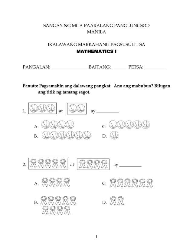 K TO 12 GRADE 1 Ikalawang Markahang Pagsusulit