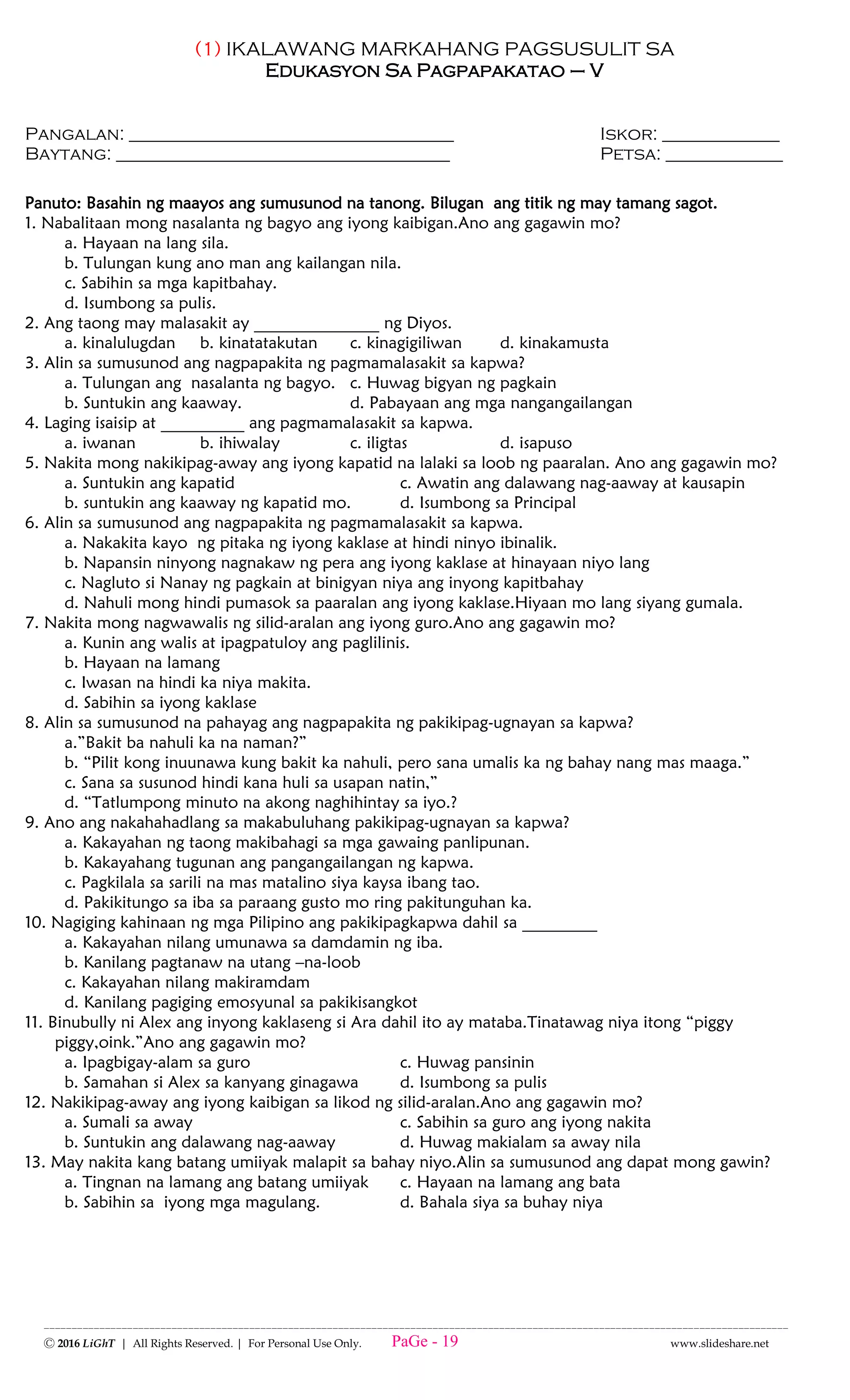 K TO 12 GRADE 5 IKALAWANG MARKAHANG PAGSUSULIT | PDF