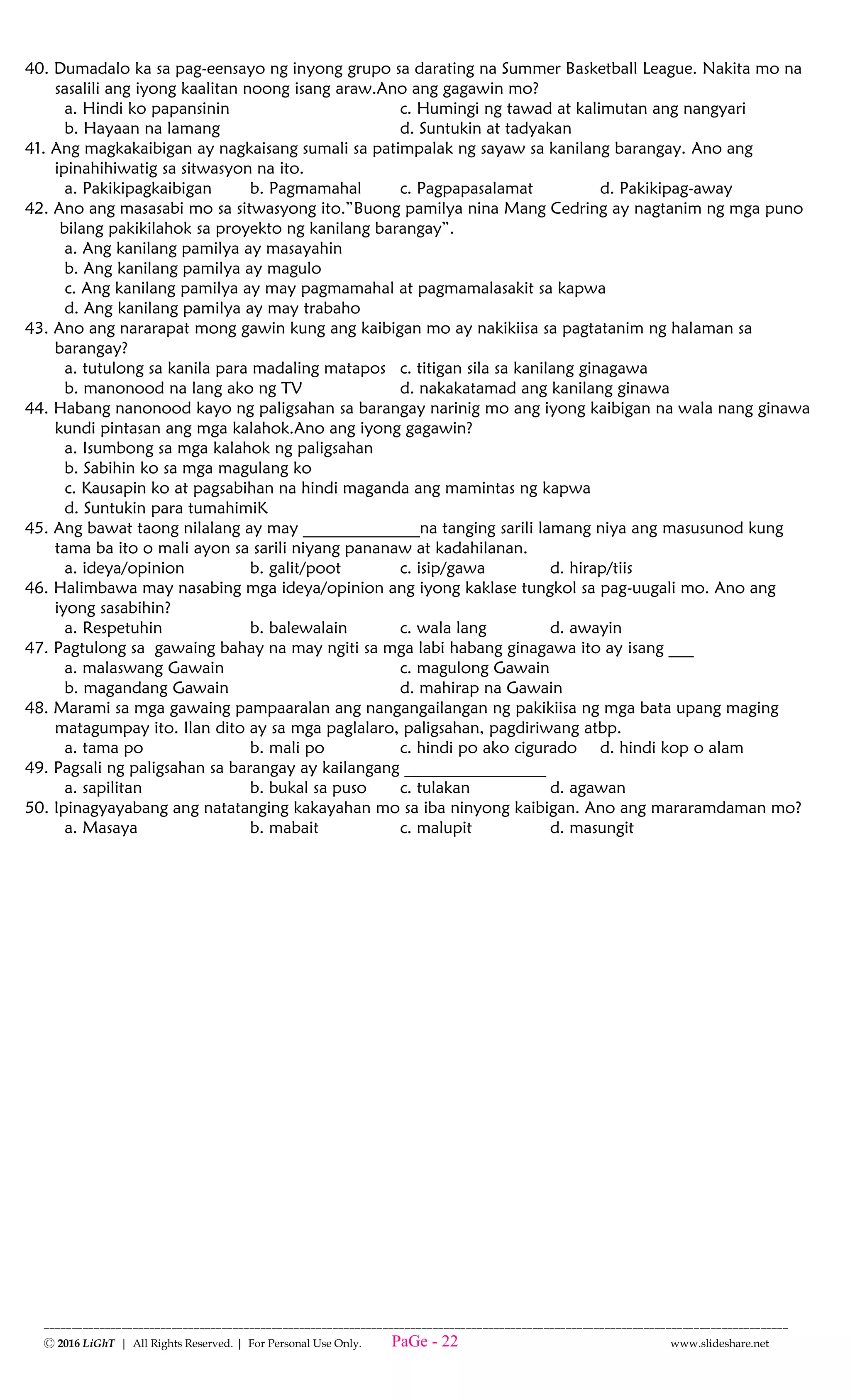 K TO 12 GRADE 5 IKALAWANG MARKAHANG PAGSUSULIT | PDF