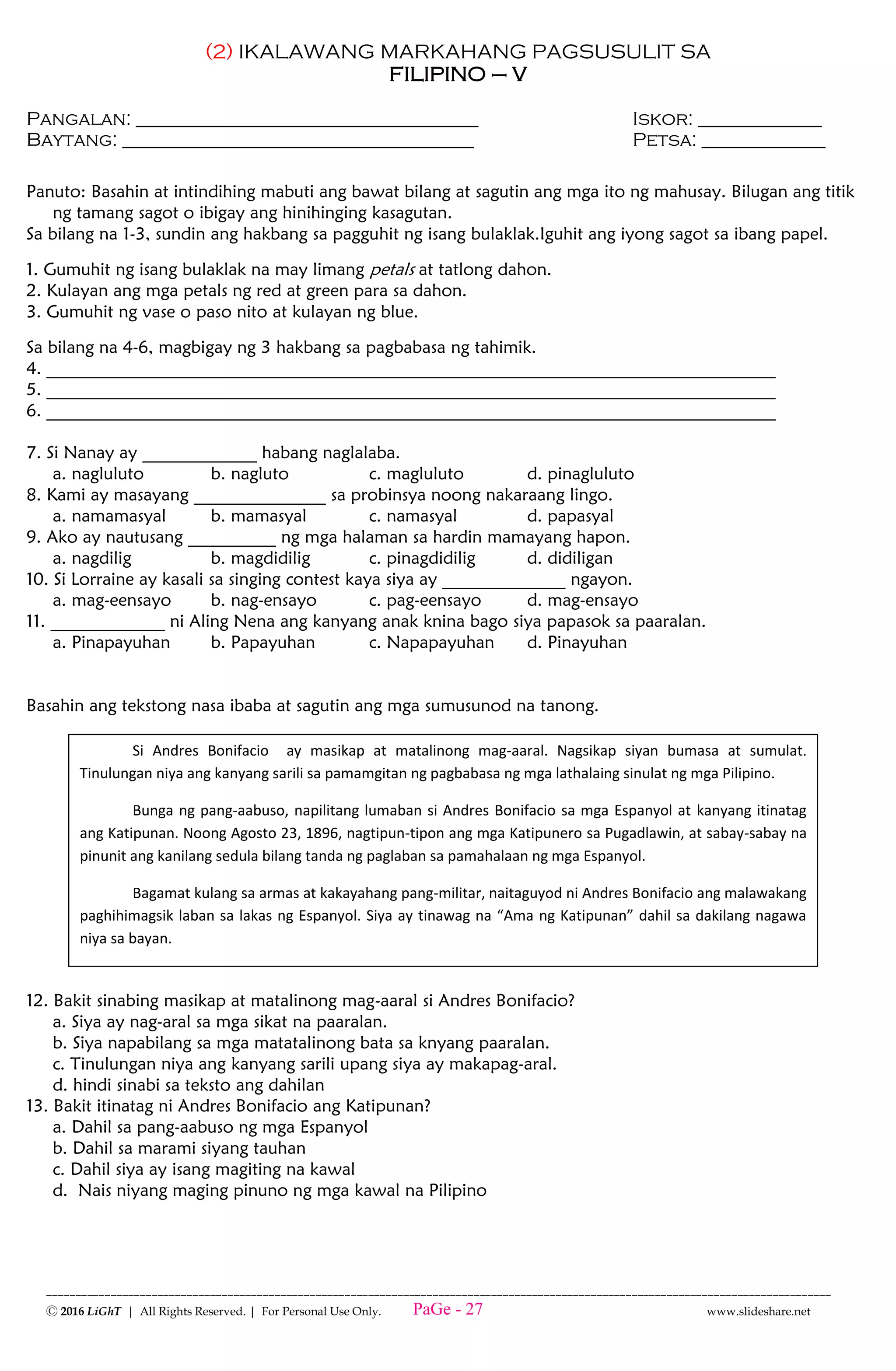 K TO 12 GRADE 5 IKALAWANG MARKAHANG PAGSUSULIT | PDF
