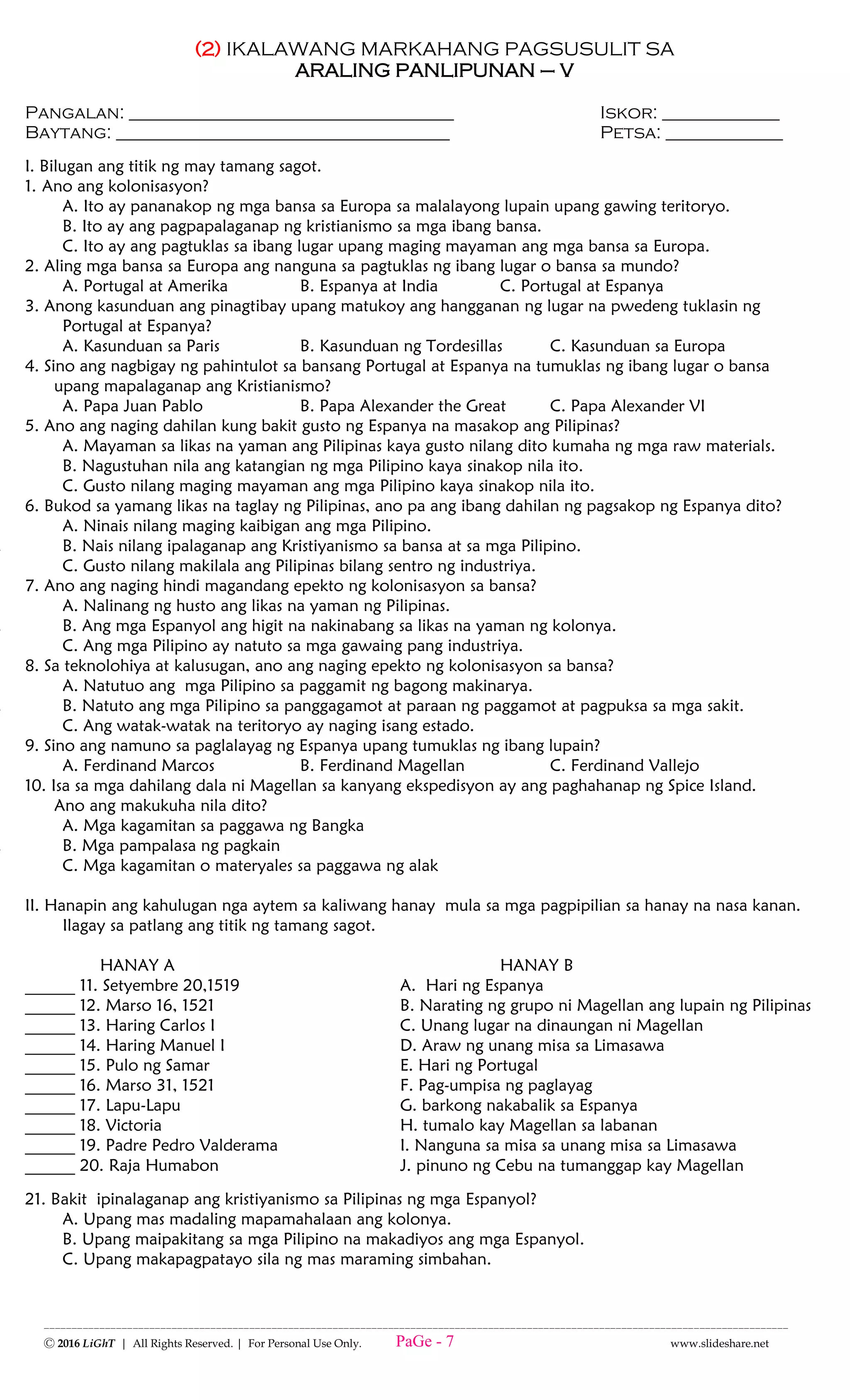 K TO 12 GRADE 5 IKALAWANG MARKAHANG PAGSUSULIT | PDF