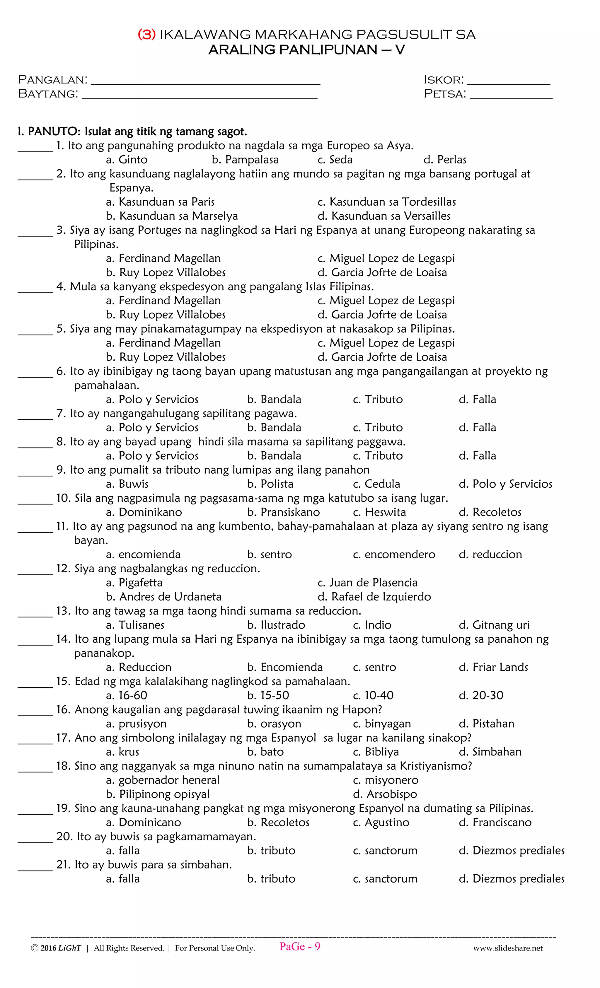 K TO 12 GRADE 5 IKALAWANG MARKAHANG PAGSUSULIT | PDF