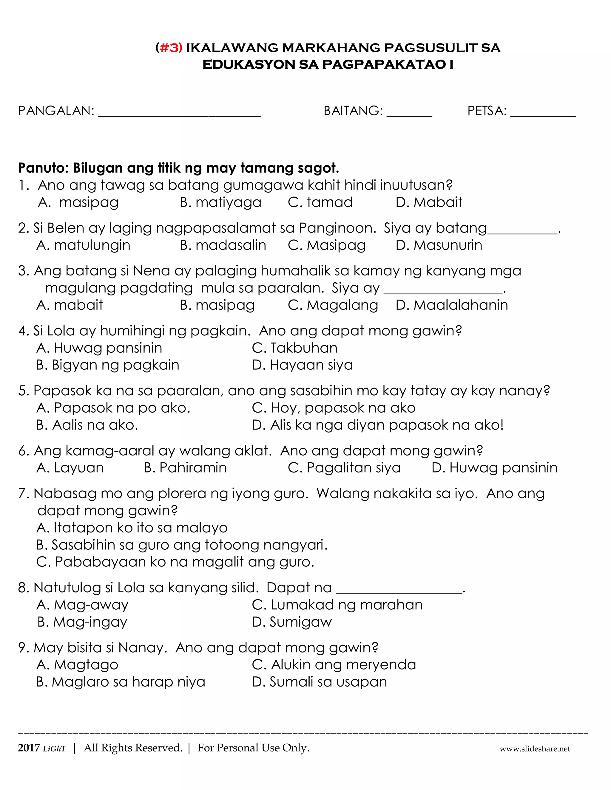 K TO 12 GRADE 1 IKALAWANG MARKAHANG PAGSUSULIT | PDF
