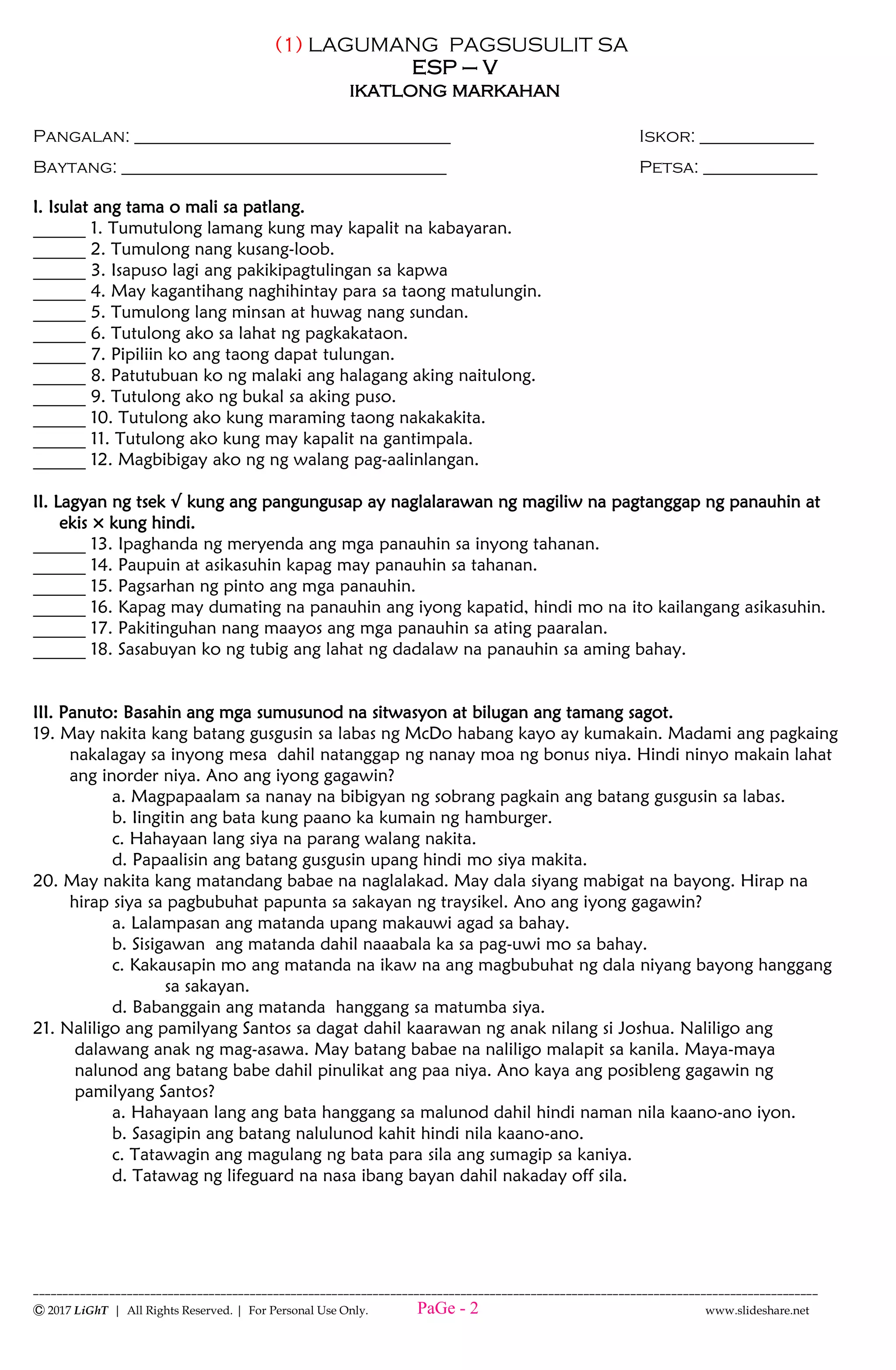 K TO 12 GRADE 5 IKATLONG LAGUMANG PAGSUSULIT | PDF