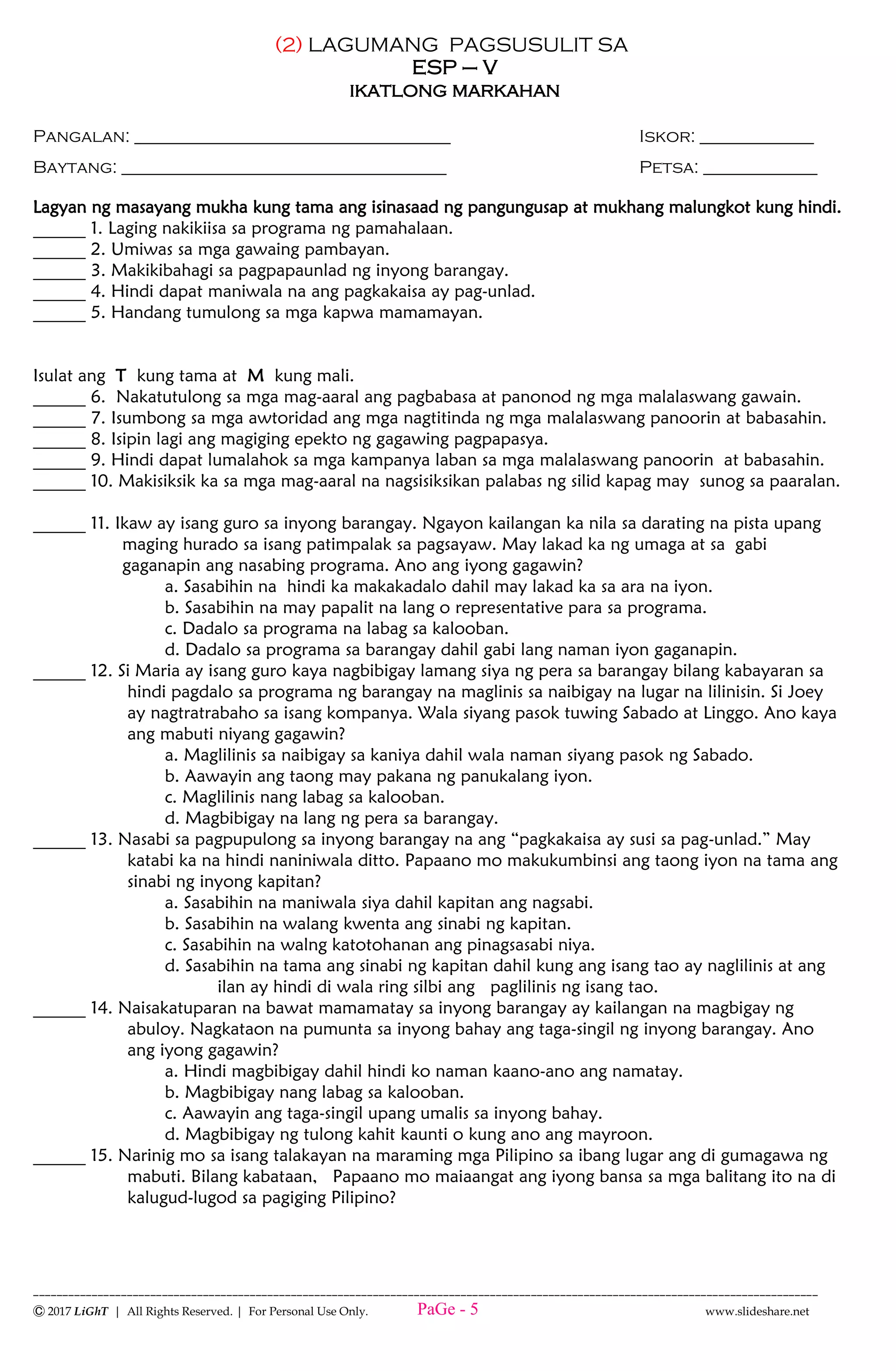 K TO 12 GRADE 5 IKATLONG LAGUMANG PAGSUSULIT | PDF