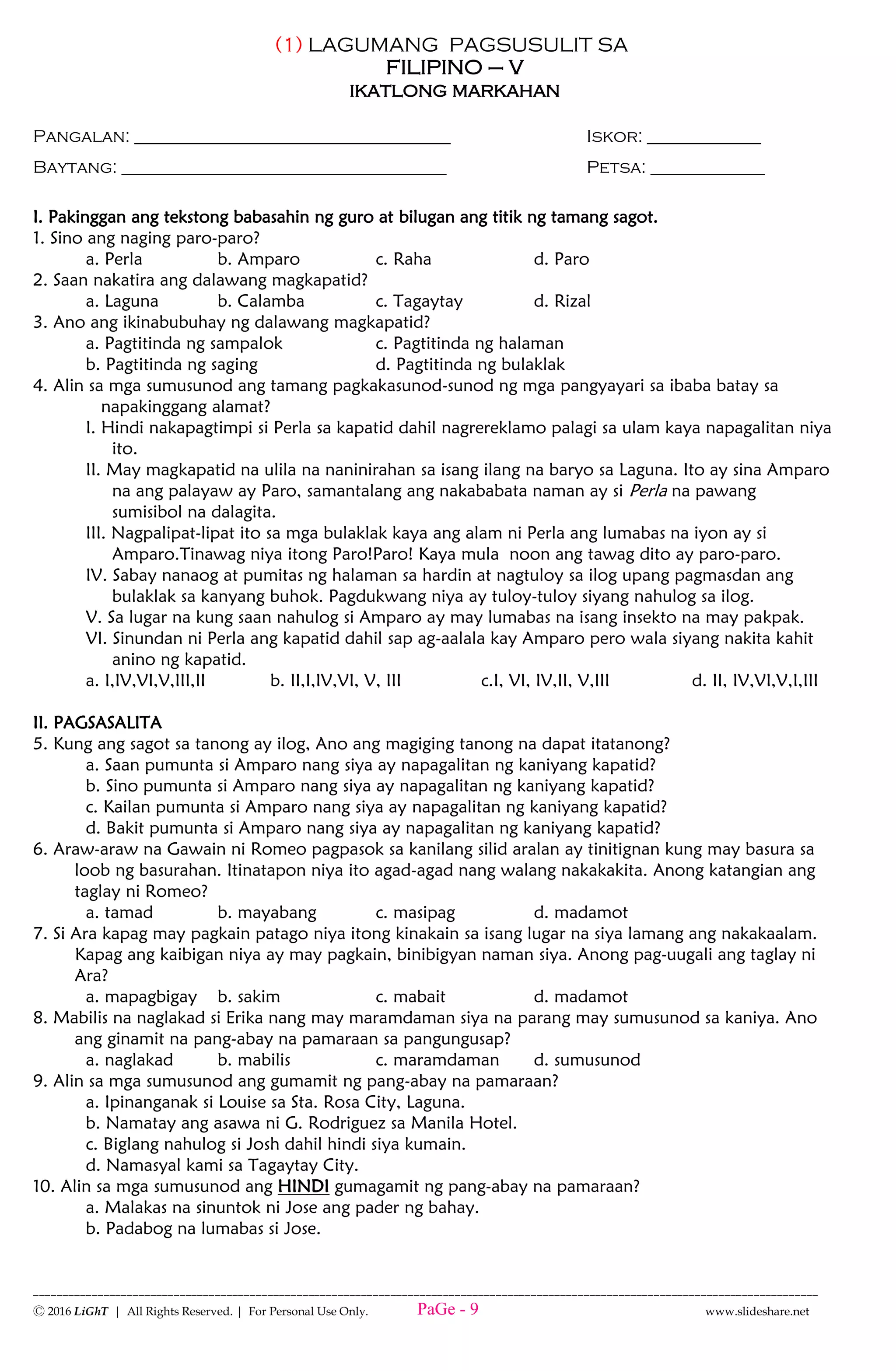 K TO 12 GRADE 5 IKATLONG LAGUMANG PAGSUSULIT | PDF