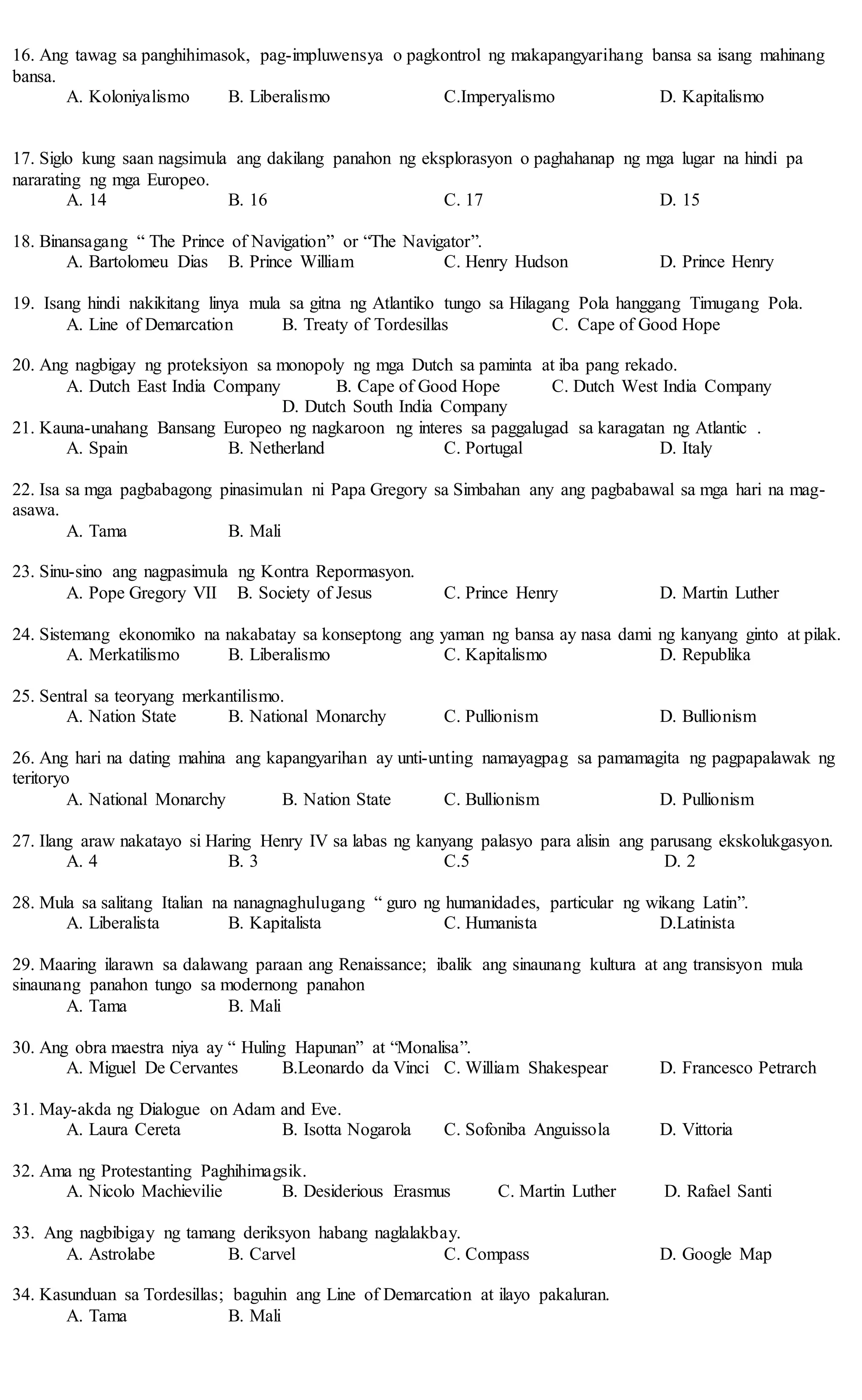 Ikatlong markahan -Araling Panlipunan 8 (Kasaysayan ng Daigdig) | DOCX