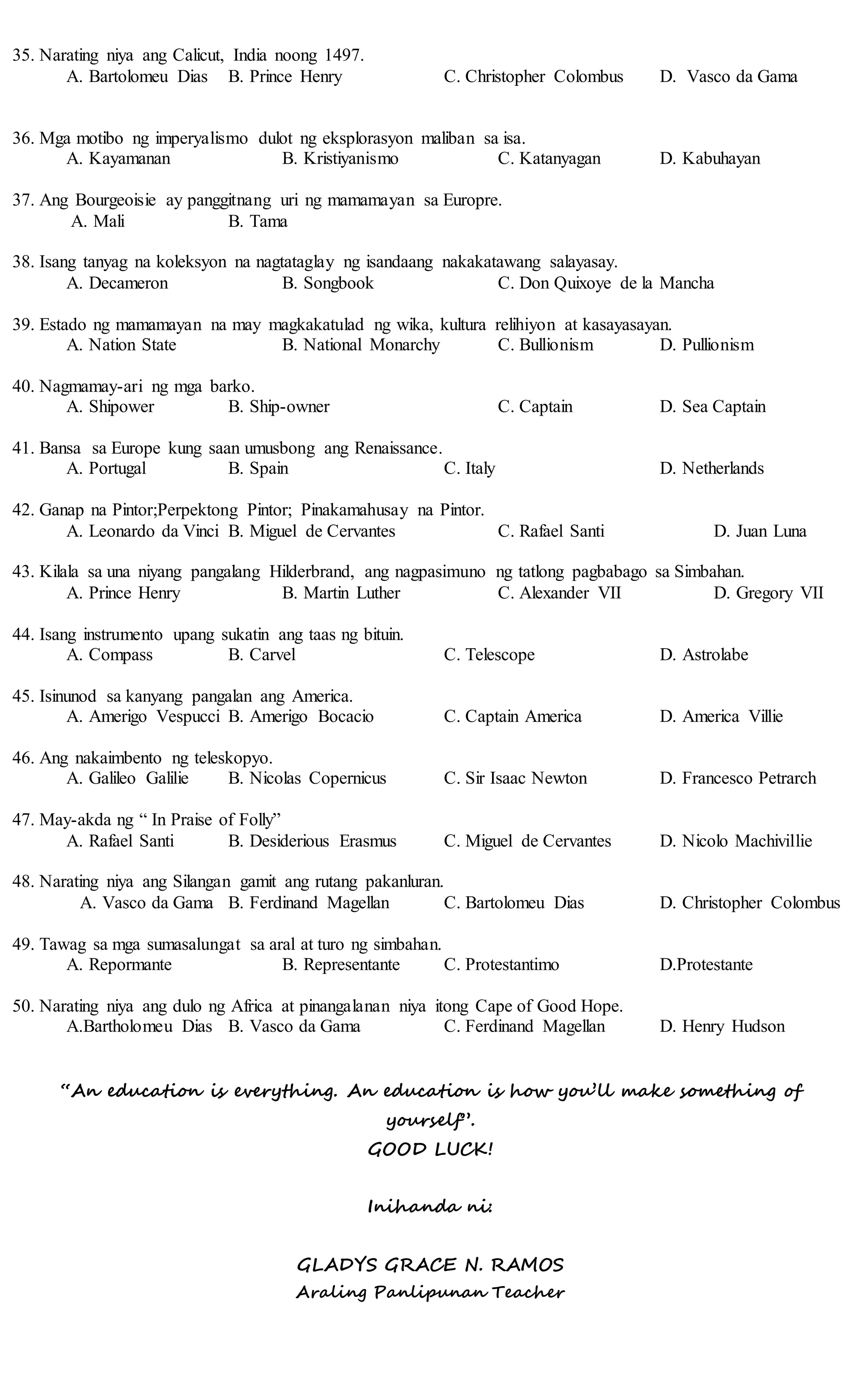 Ikatlong markahan -Araling Panlipunan 8 (Kasaysayan ng Daigdig) | DOCX
