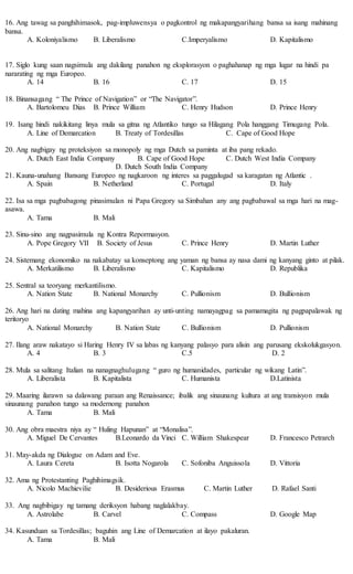 Ikatlong markahan -Araling Panlipunan 8 (Kasaysayan ng Daigdig) | DOCX