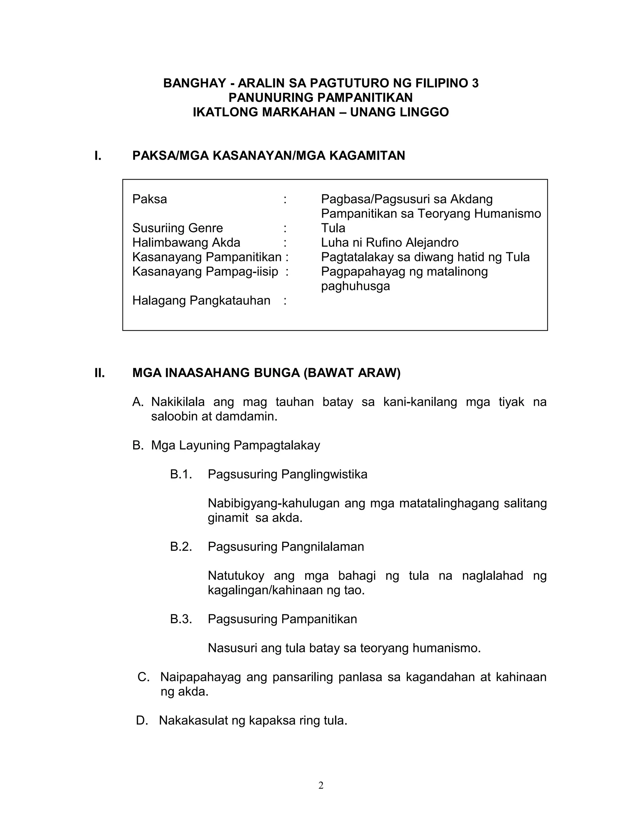 Ikatlong markahan unang linggo iii | DOC