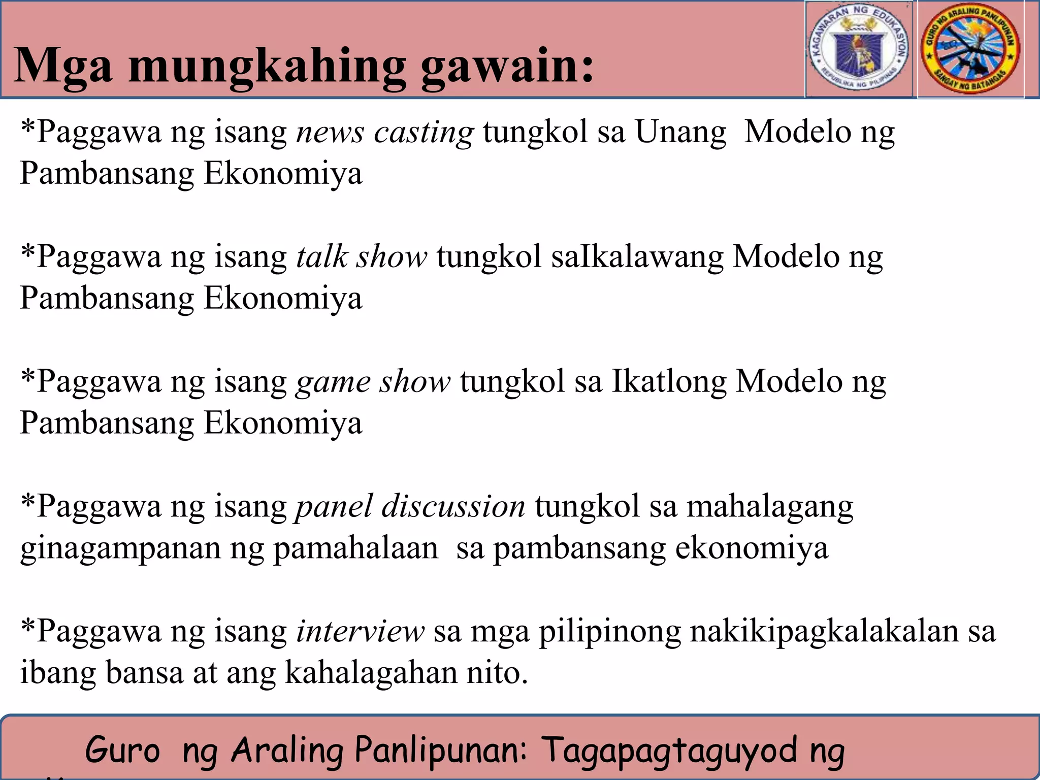 IKATLONG MARKAHAN ARALIN 2 Mga Modelo ng Pambansang Ekonomiya.ppt
