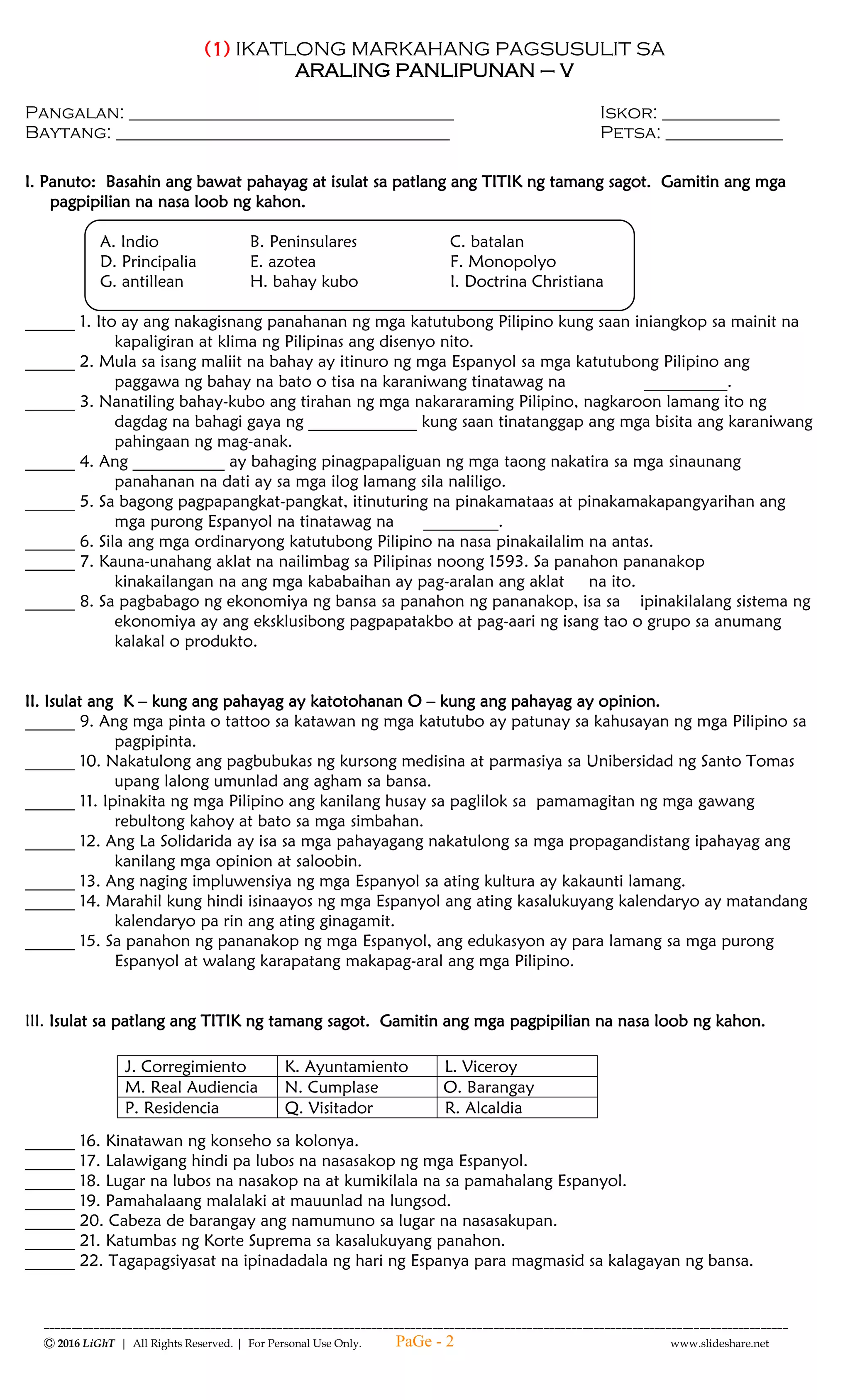 K TO 12 GRADE 5 IKATLONG MARKAHANG PAGSUSULIT | PDF