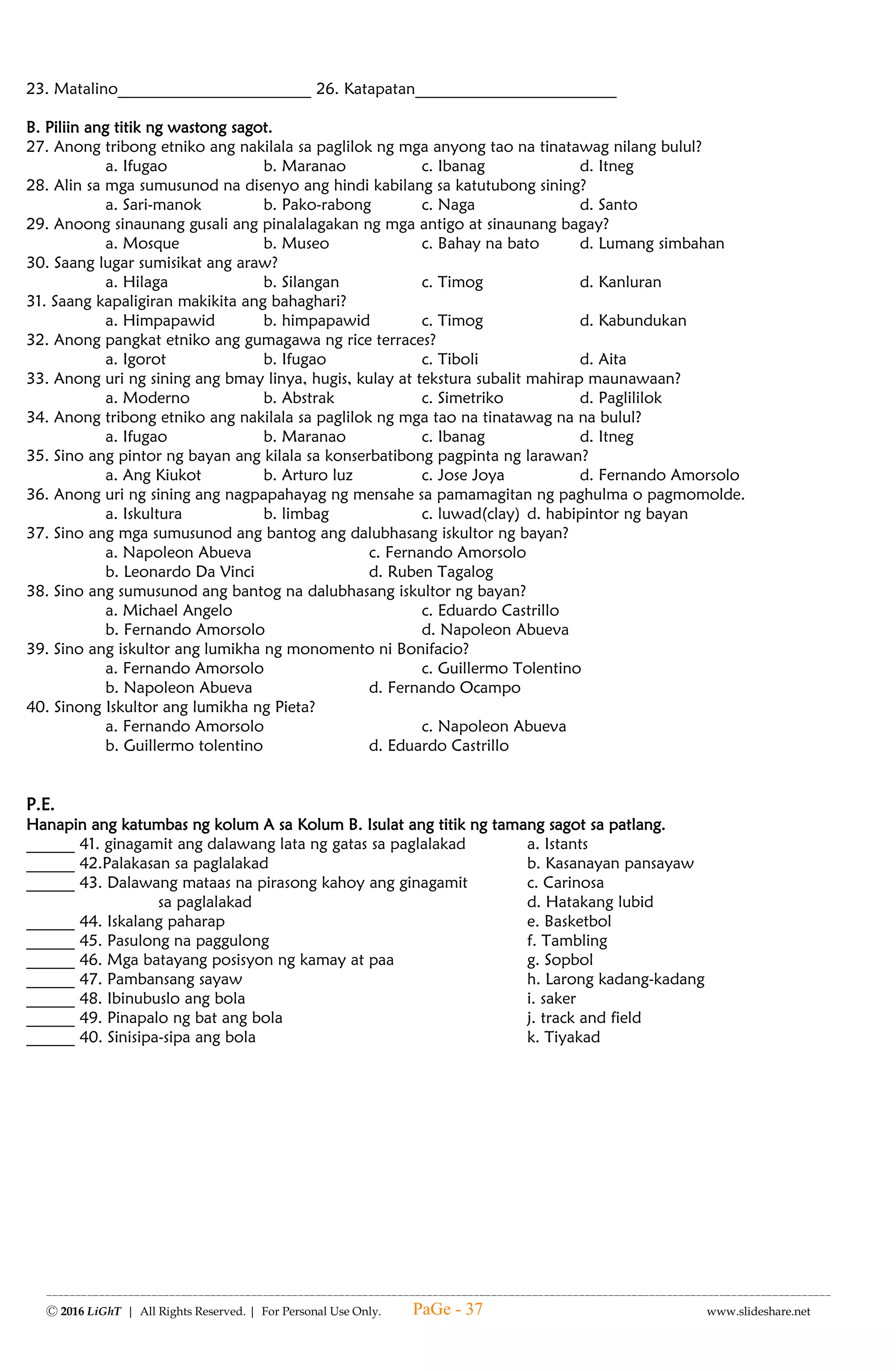 K TO 12 GRADE 5 IKATLONG MARKAHANG PAGSUSULIT | PDF